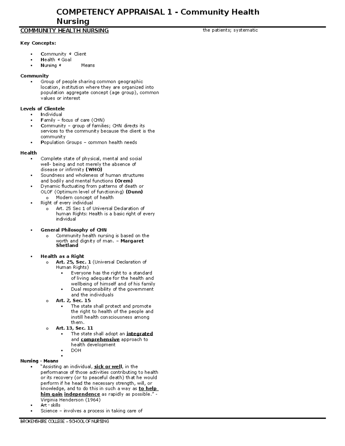 CHN Reviewer '24 - COMPETENCY APPRAISAL 1 - Community Health Nursing ...