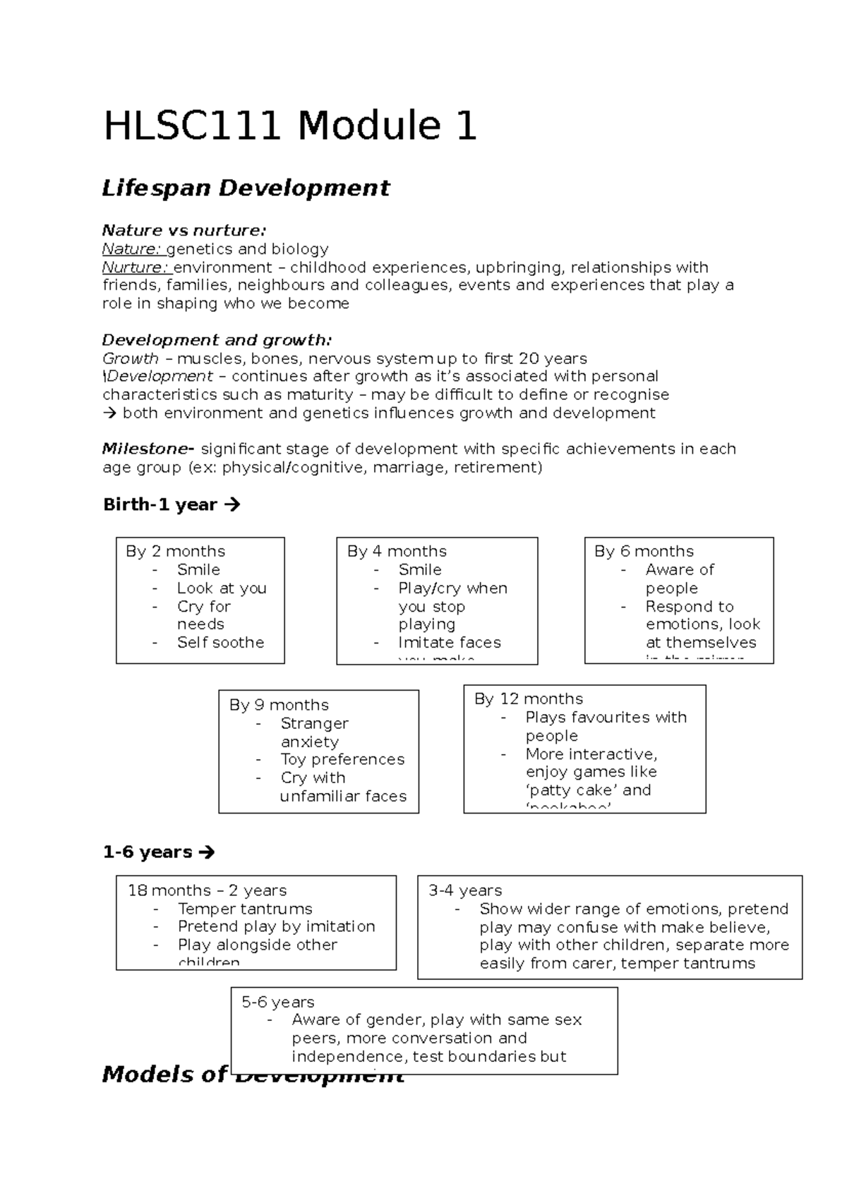 HLSC111 Module 1 Notes - HLSC111 Module 1 Lifespan Development Nature ...