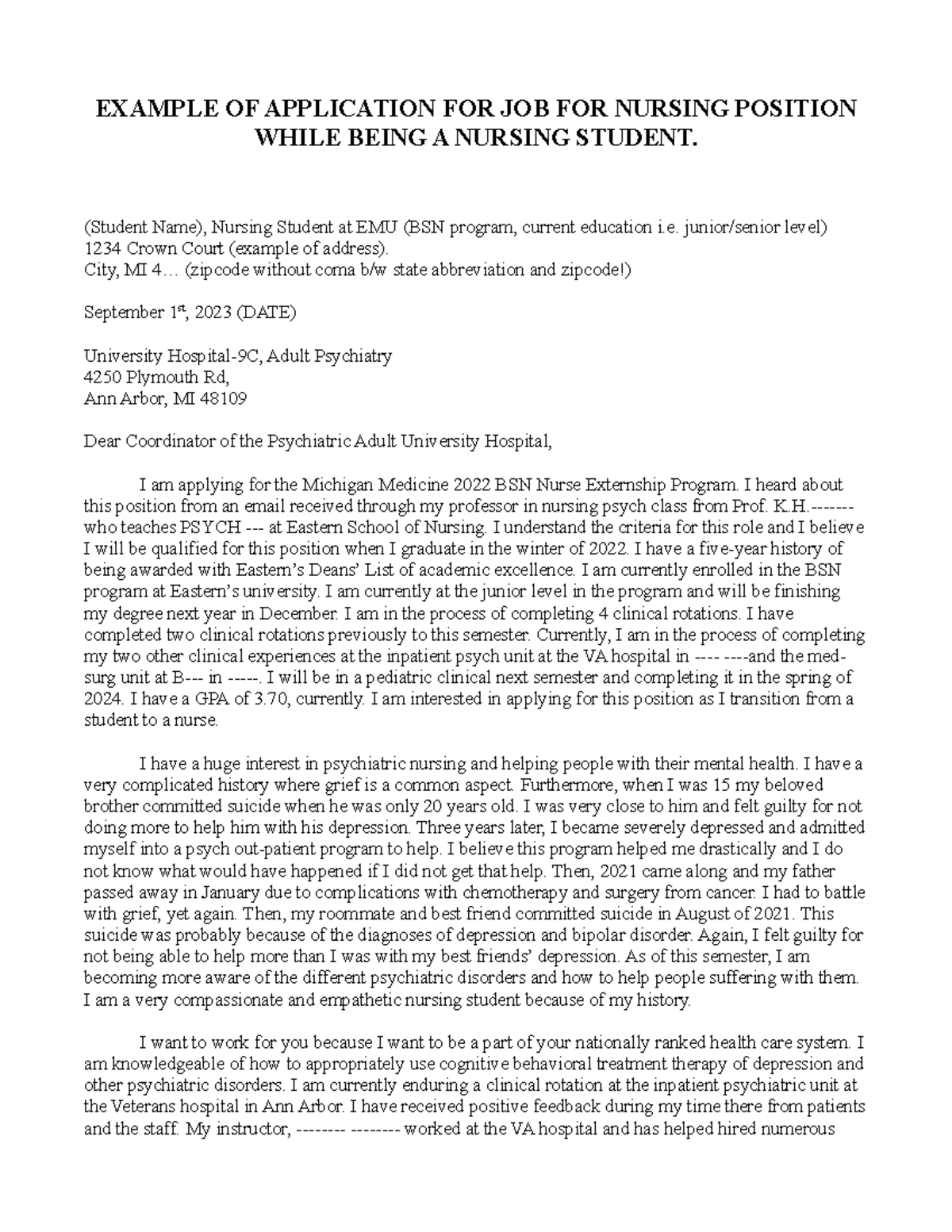 Application example for nursing position while nursing student ...