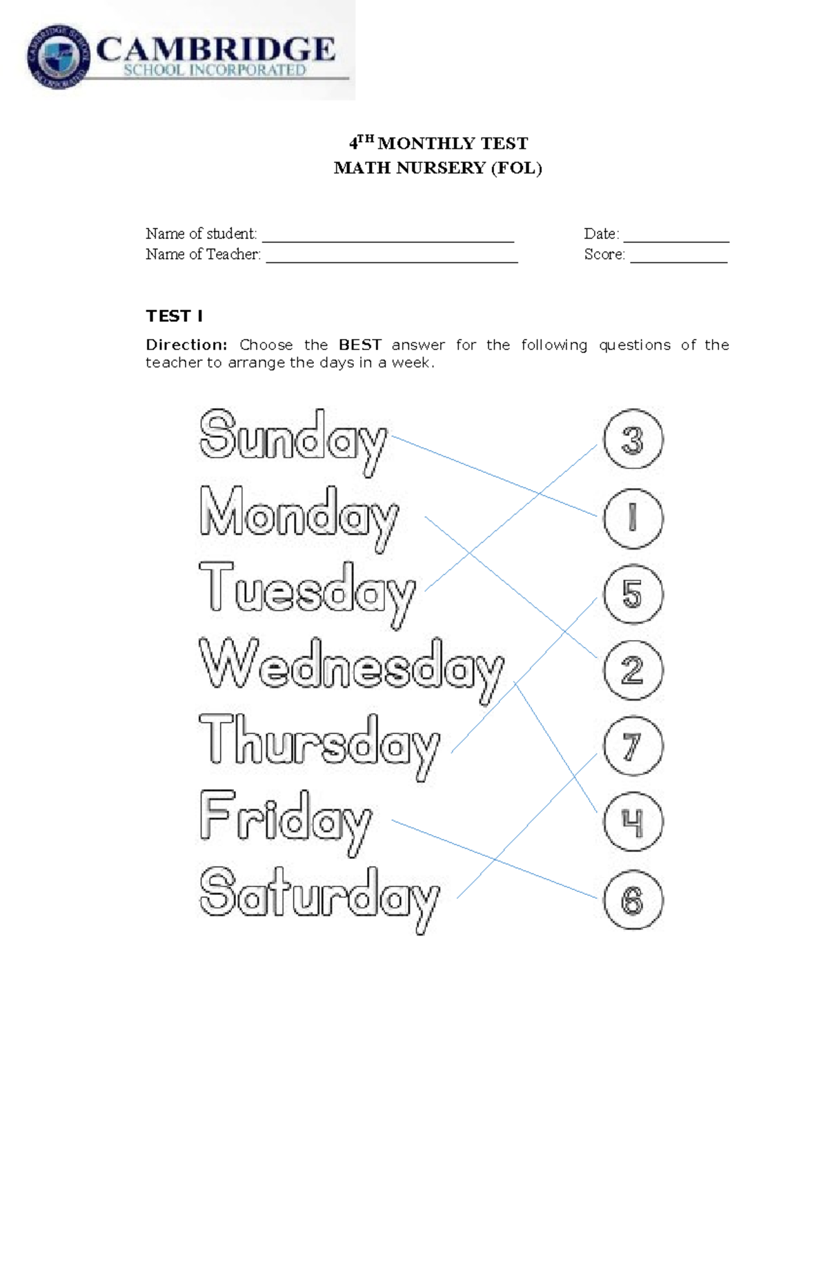4TH Monthly TEST Math Nusery FOL - BE Elementary Education - 4 TH ...