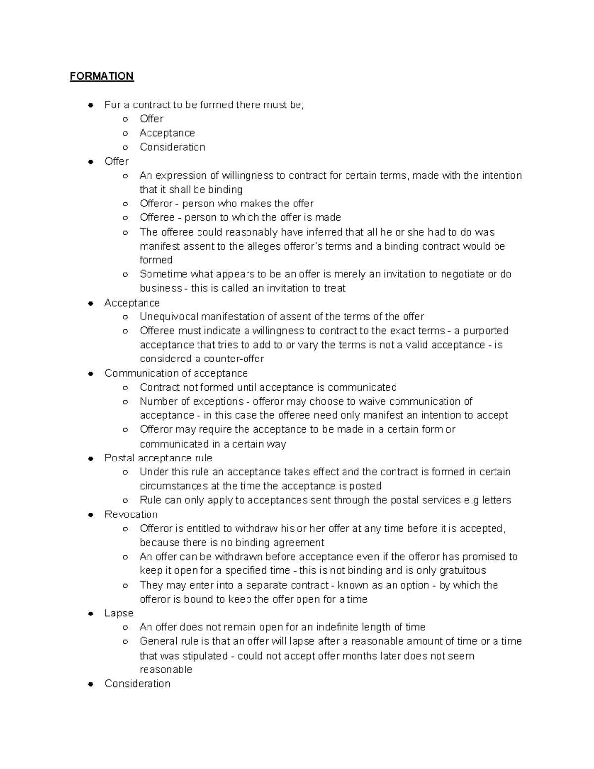Contract - Test 1 notes - 2022 - FORMATION For a contract to be formed ...