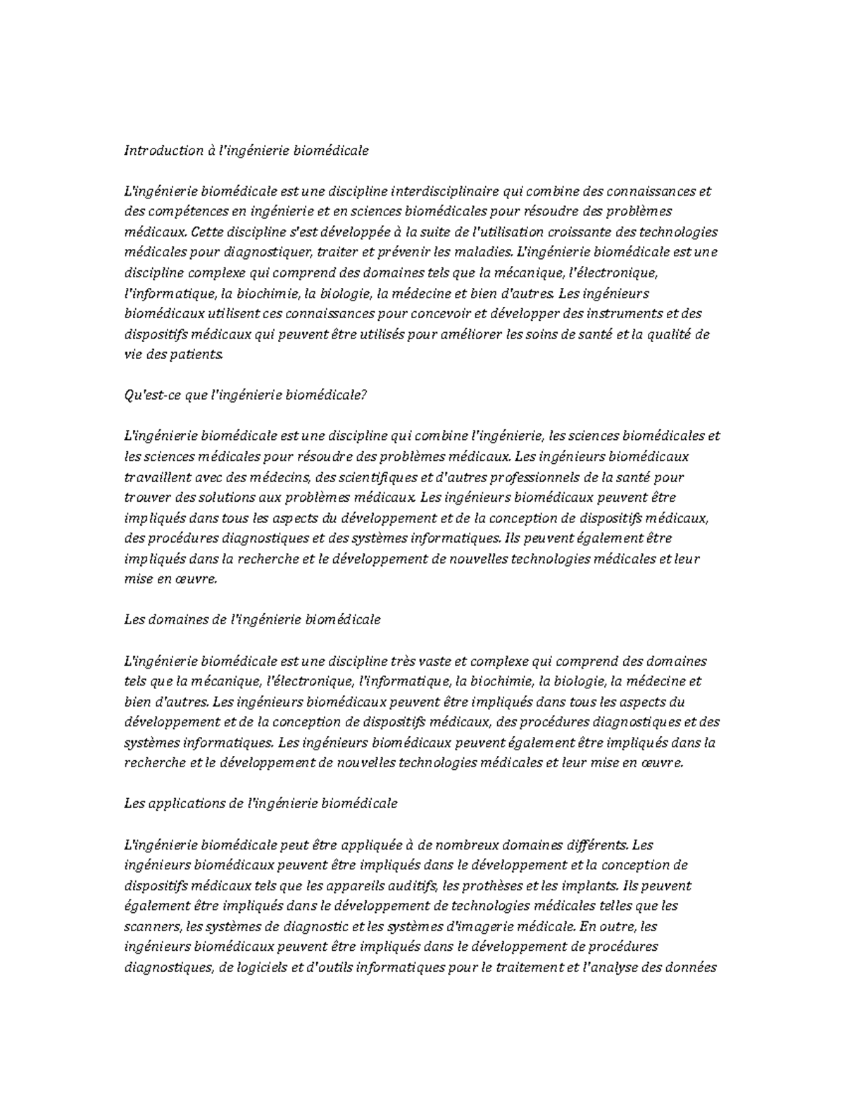 Biomedical Engineering Notes de cours - Introduction à l'ingénierie ...