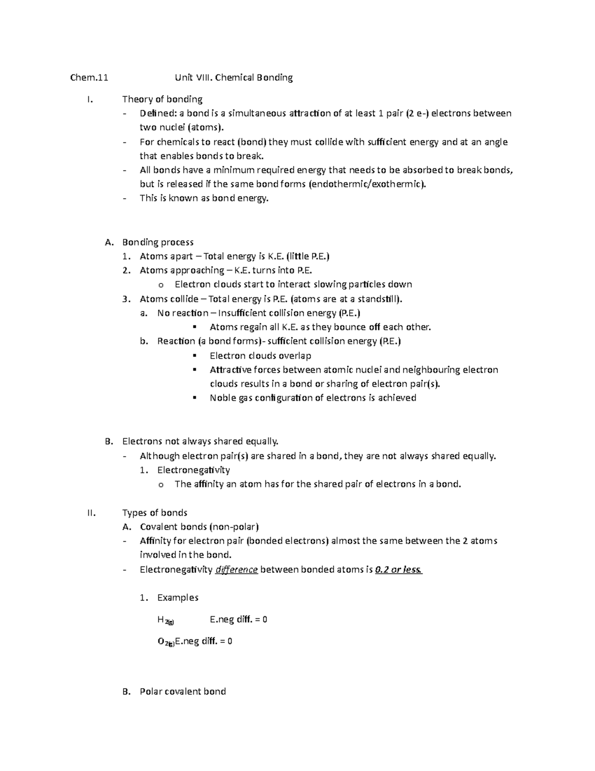 Notes Chem bonding intro - Chem Unit VIII. Chemical Bonding I. Theory ...