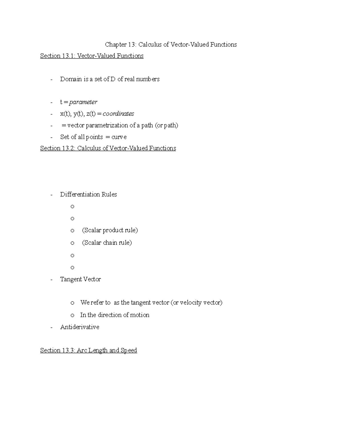 Section 13 Review Sheet - Chapter 13: Calculus of Vector-Valued Functions Section 13: Vector ...