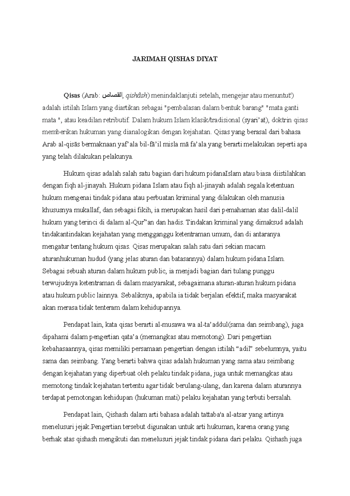 Jarimah Qishas - JARIMAH QISHAS DIYAT Qisas (Arab: القصاص, qishâsh ...