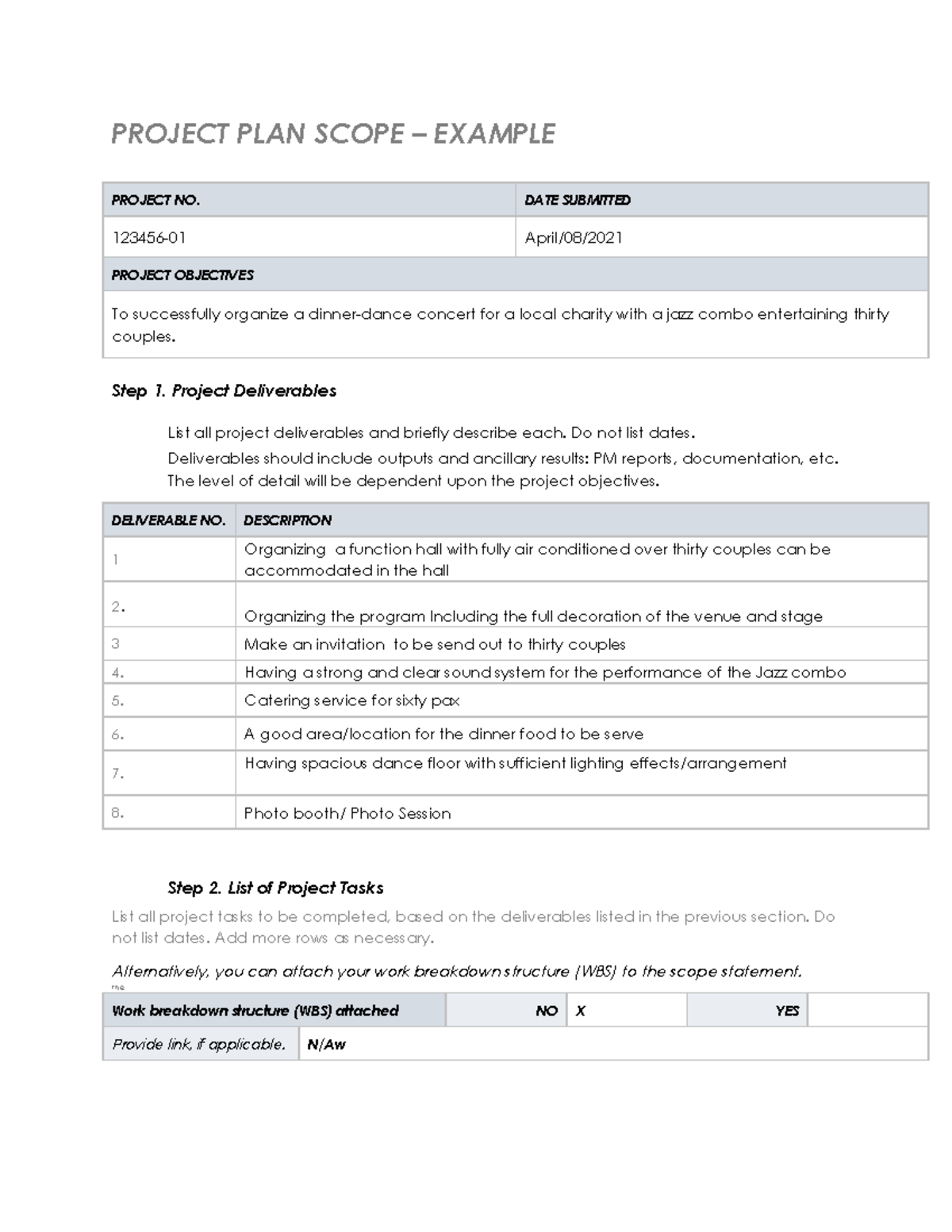 Project PLAN Scope Example - PROJECT PLAN SCOPE – EXAMPLE PROJECT NO ...
