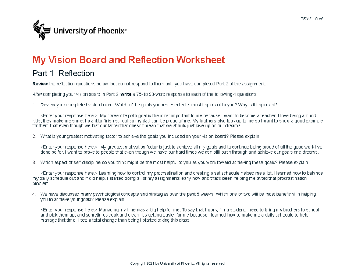 Psy110 v5 wk5 my vision board and reflection worksheet - PSY/110 v My ...