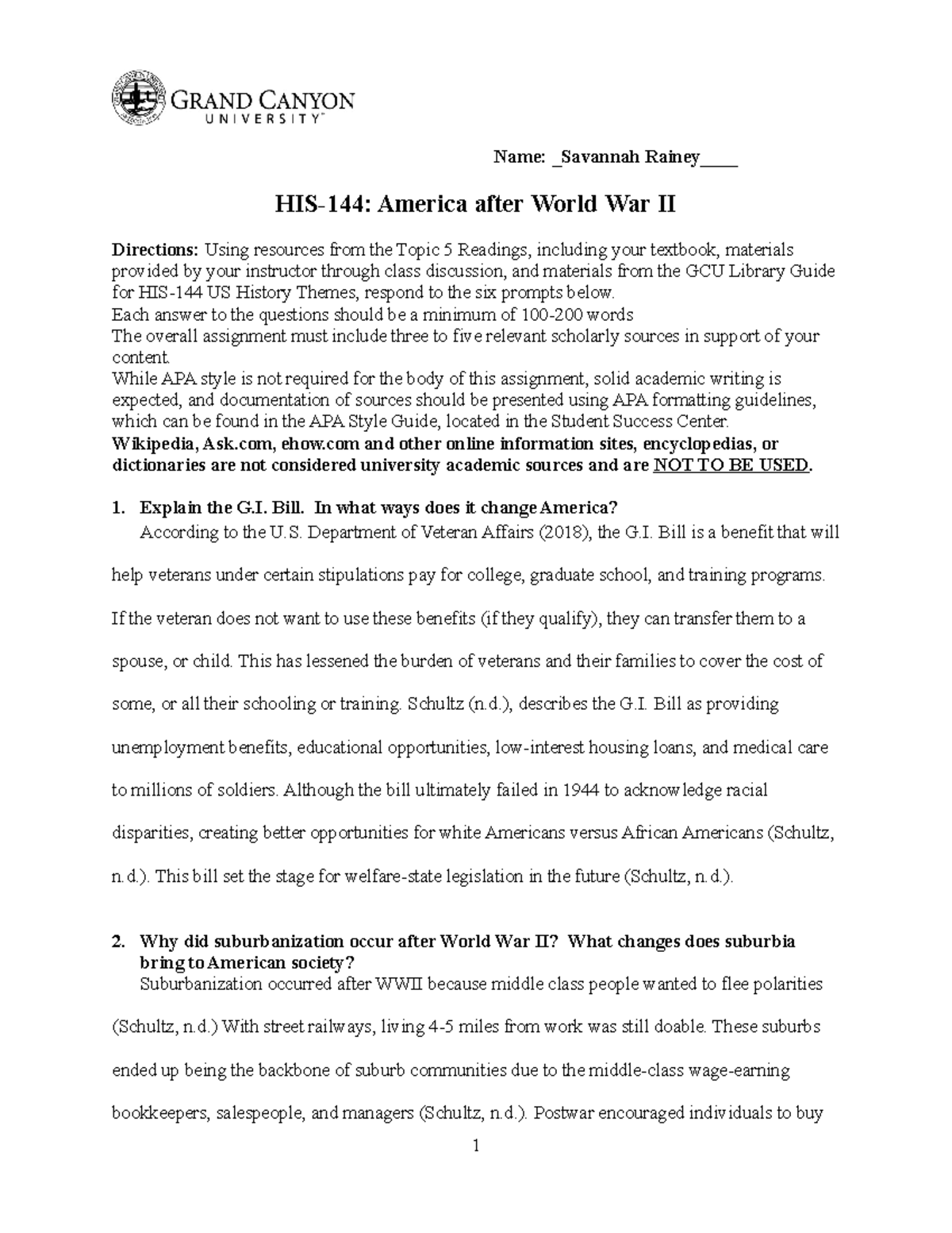 America After WWII - Name: Savannah Rainey___ HIS-144: America after ...