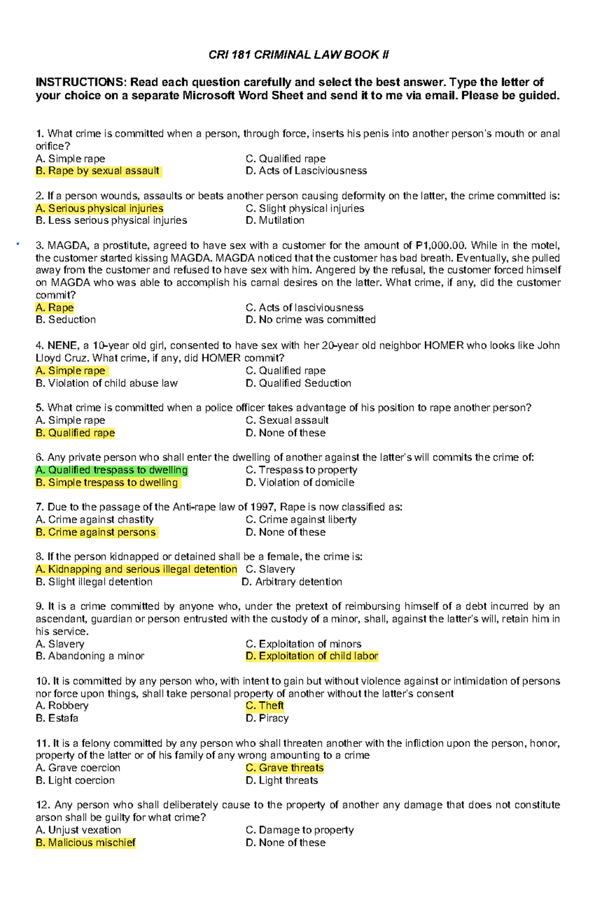 CRI 181 P3 1 - CRI 181 CRIMINAL LAW BOOK II INSTRUCTIONS: Read each ...