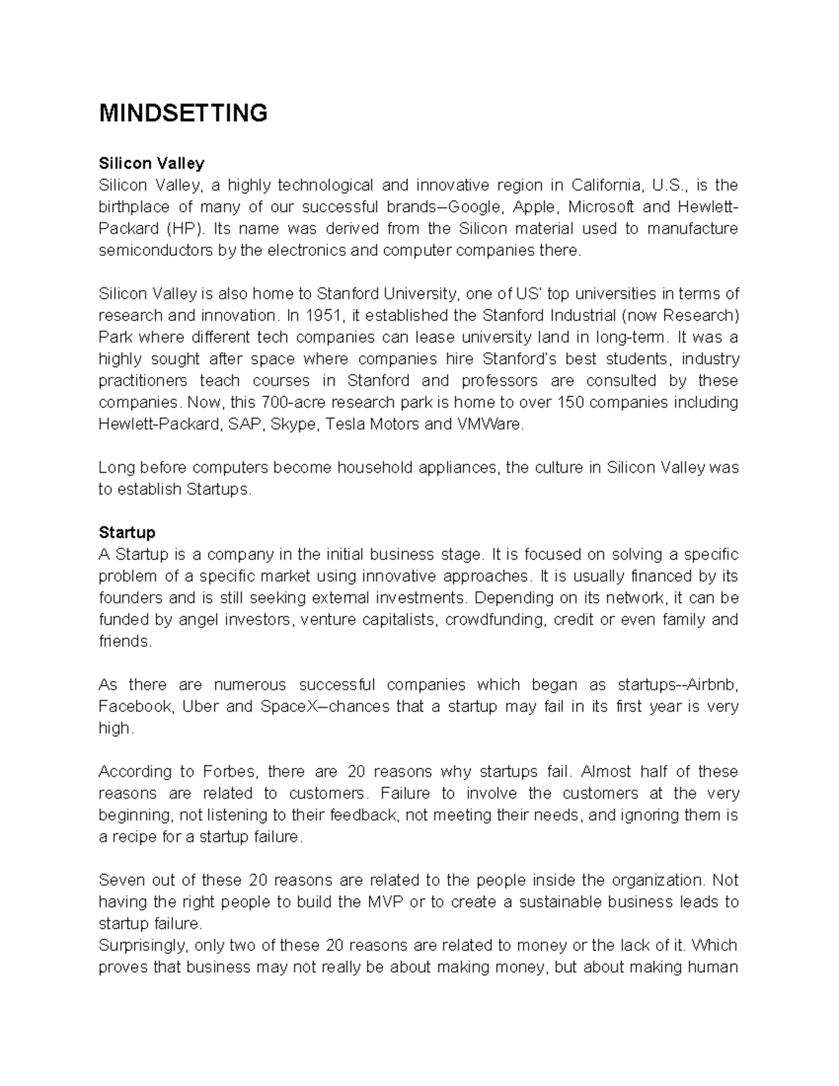 1 Mindsetting - TECHNOENTREPRENUERSHIP - MINDSETTING Silicon Valley ...