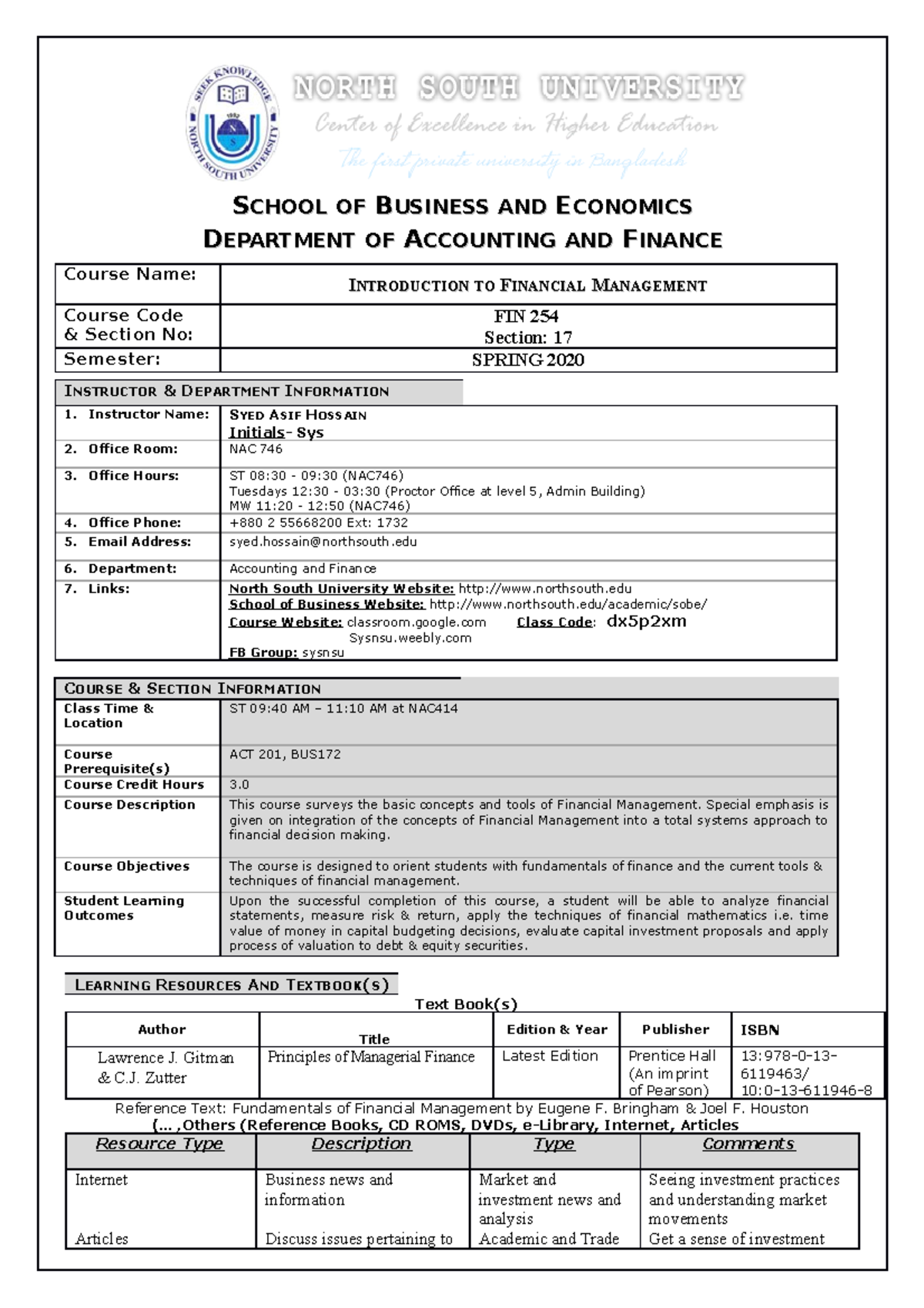 Fin254 courseoutline spring 2020 - SSCHOOLCHOOL OFOF BBUSINESSUSINESS ...