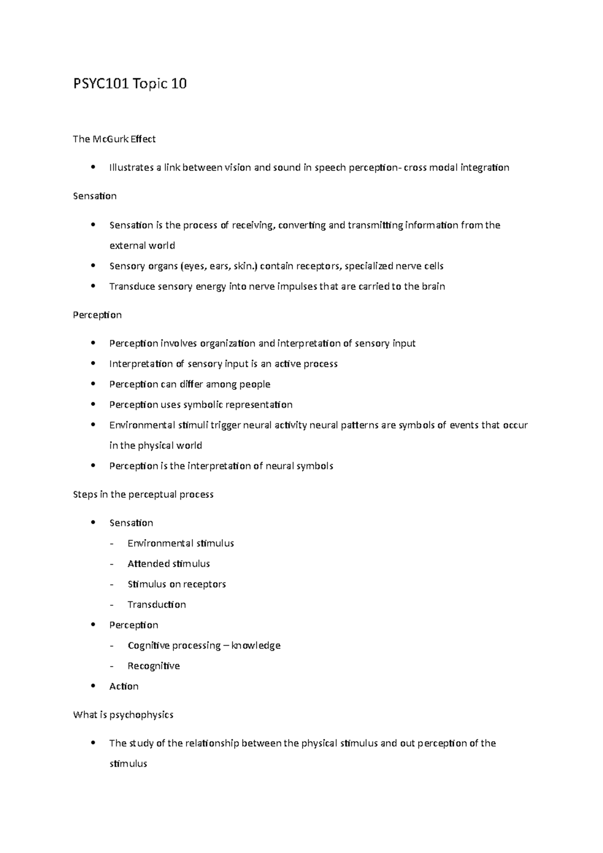 PSYC101 Topic 10 - Perception in psychology - PSYC101 Topic 10 The ...