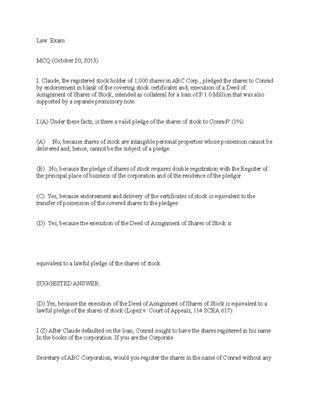 Law Exam Octoer 2013 Law Exam October 2013 Law Exam MCQ