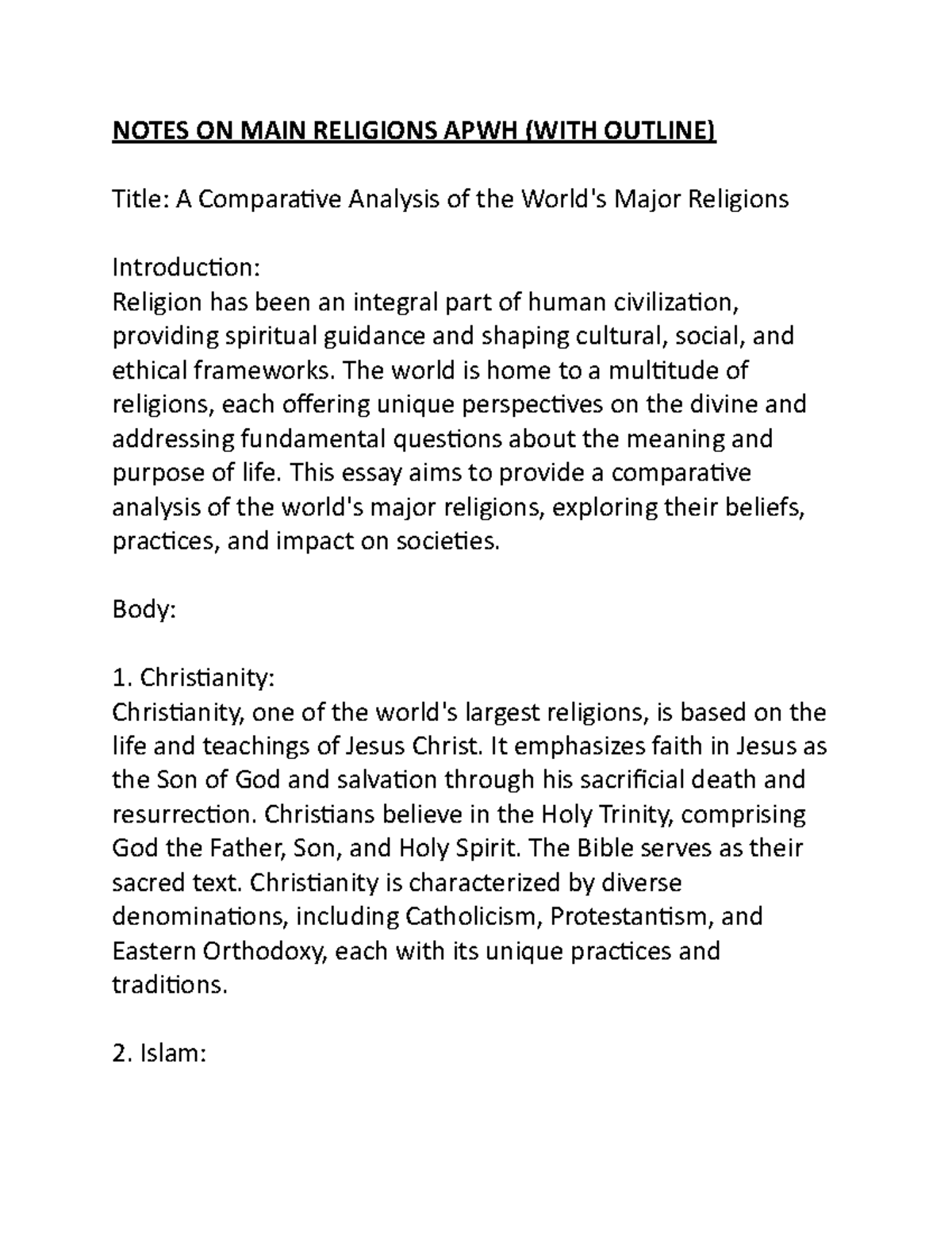 Notes ON MAIN Religions APWH - NOTES ON MAIN RELIGIONS APWH (WITH ...