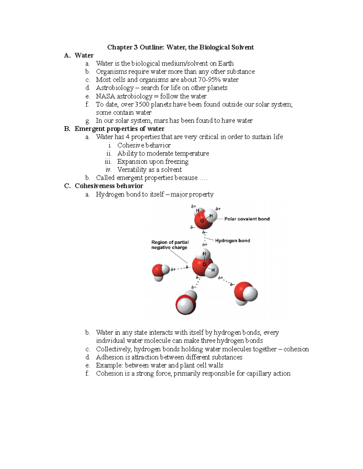 Chapter 3 Outline - BIOL 1201 LiCata - Chapter 3 Outline: Water, the ...