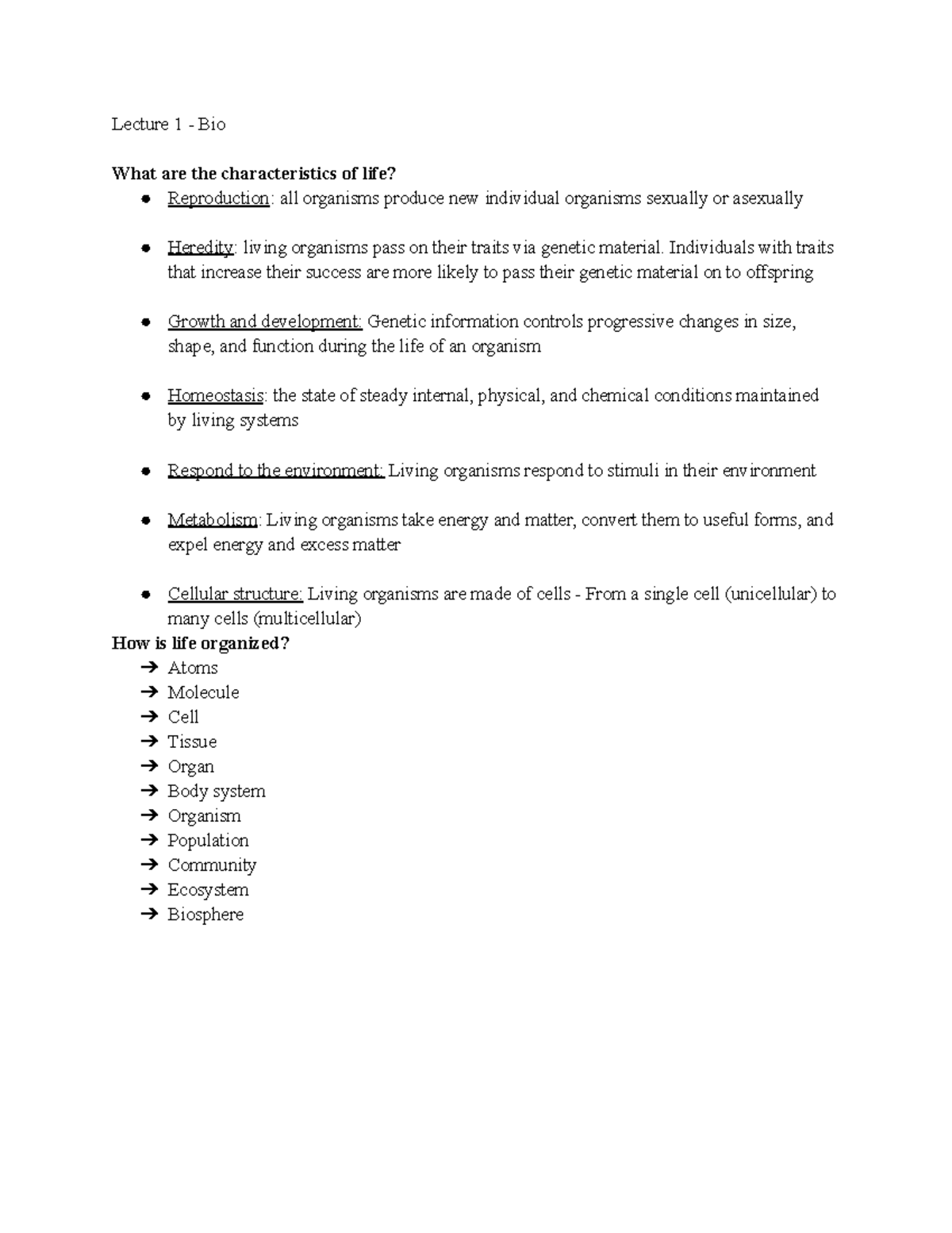 BIO 103 Notes - Professor Murray - Lecture 1 - Bio What are the ...