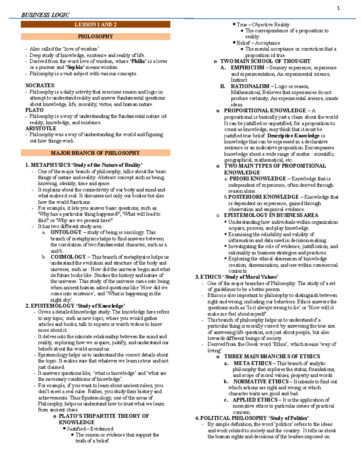 Bus log - BUSINESS LOGIC LESSON 1 AND 2 PHILOSOPHY Also called the ...