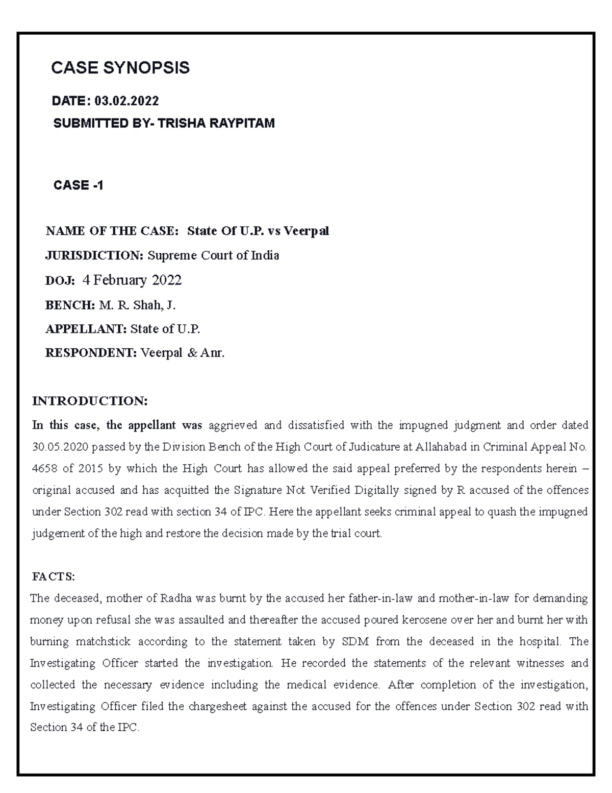 CASE Synopsis - Trisha Raypitam - CASE SYNOPSIS DATE: 03. SUBMITTED BY ...