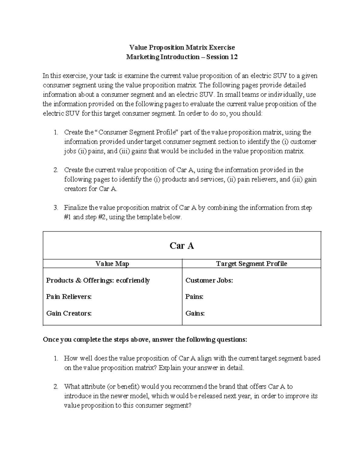 MARK10100 A Session 12 Value Proposition Matrix Exercise - Value ...