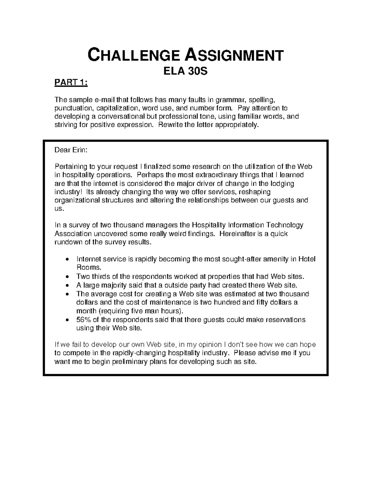 Correcting formal email - CHALLENGE ASSIGNMENT ELA 3 0S PART 1: The ...