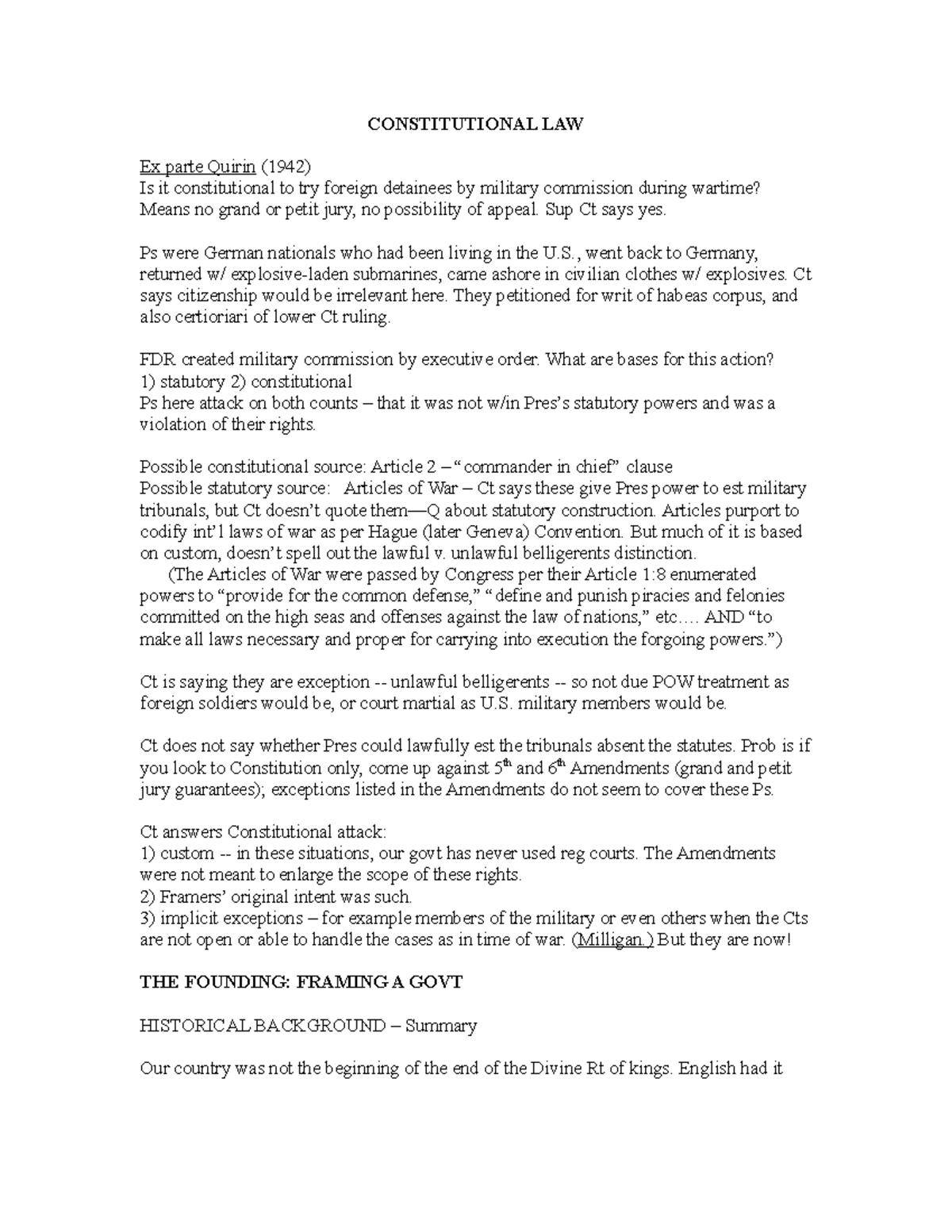 Constitutional Law Outline 3 - CONSTITUTIONAL LAW Ex parte Quirin (1942 ...