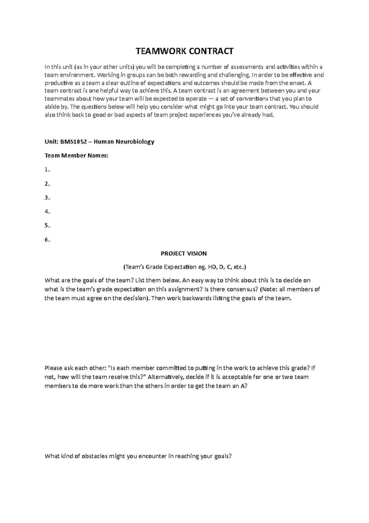 Teamwork Contract - Good - TEAMWORK CONTRACT In this unit (as in your ...