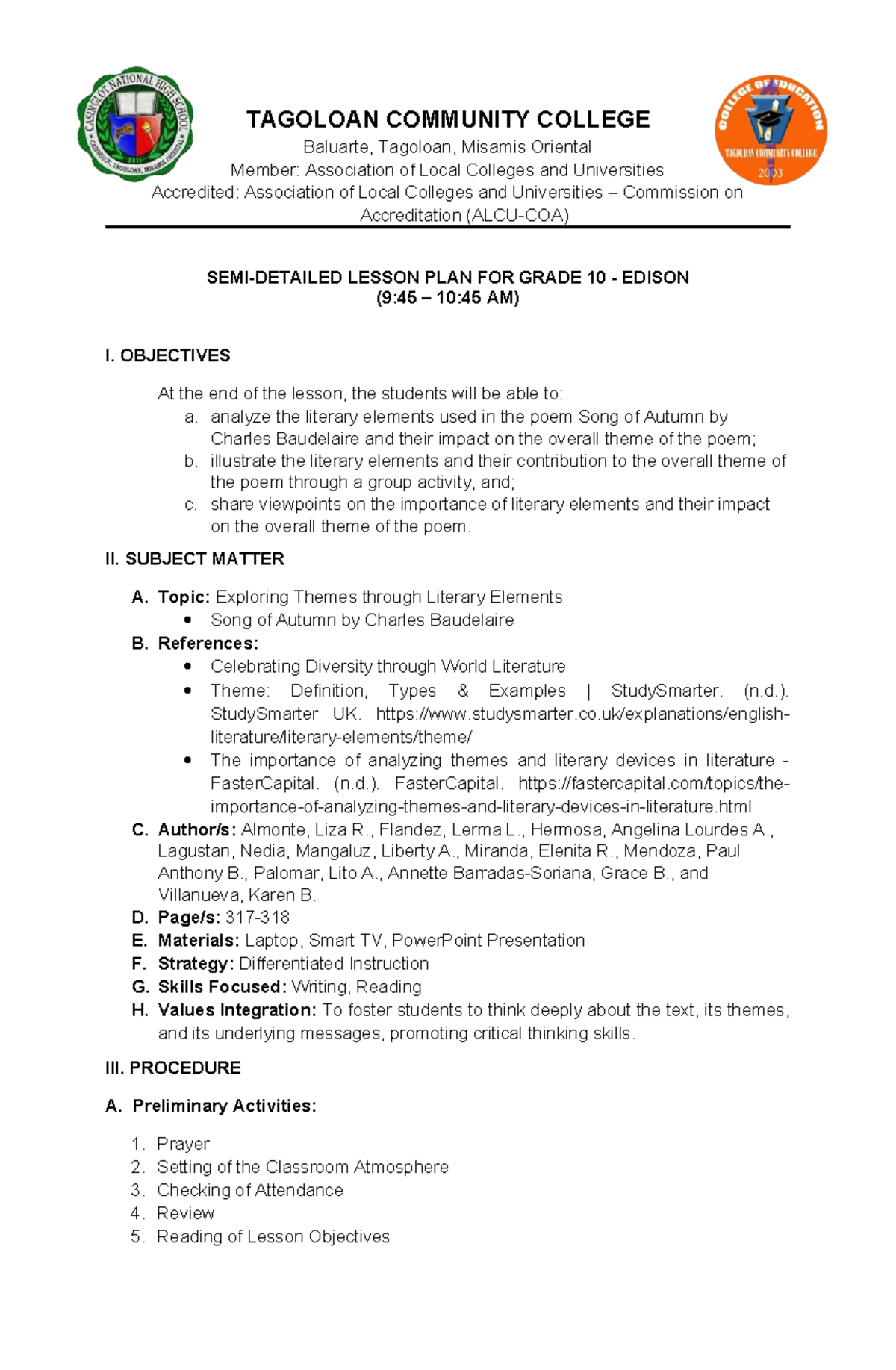 Exploring Themes Through Literary Elements LP - TAGOLOAN COMMUNITY ...