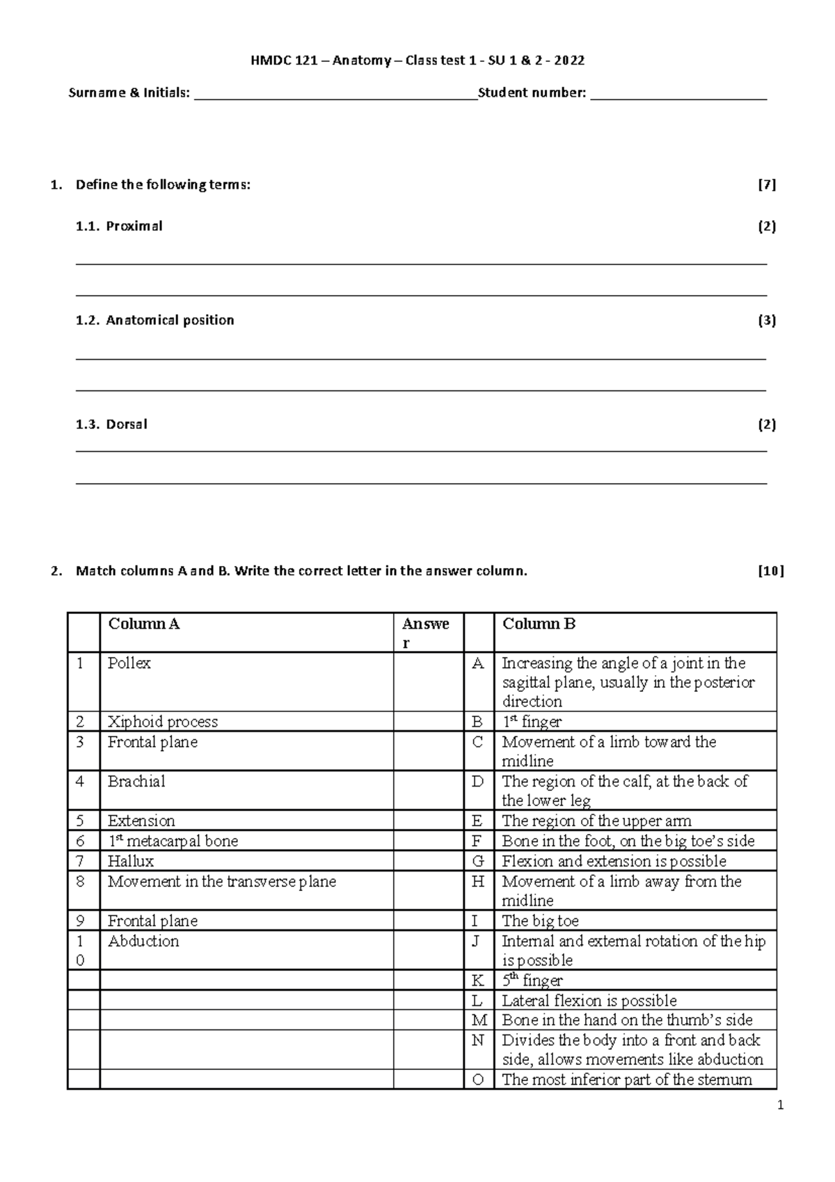 Class test 1 SU 1-2 Test 2022 - HMDC 121 – Anatomy – Class test 1 - SU ...