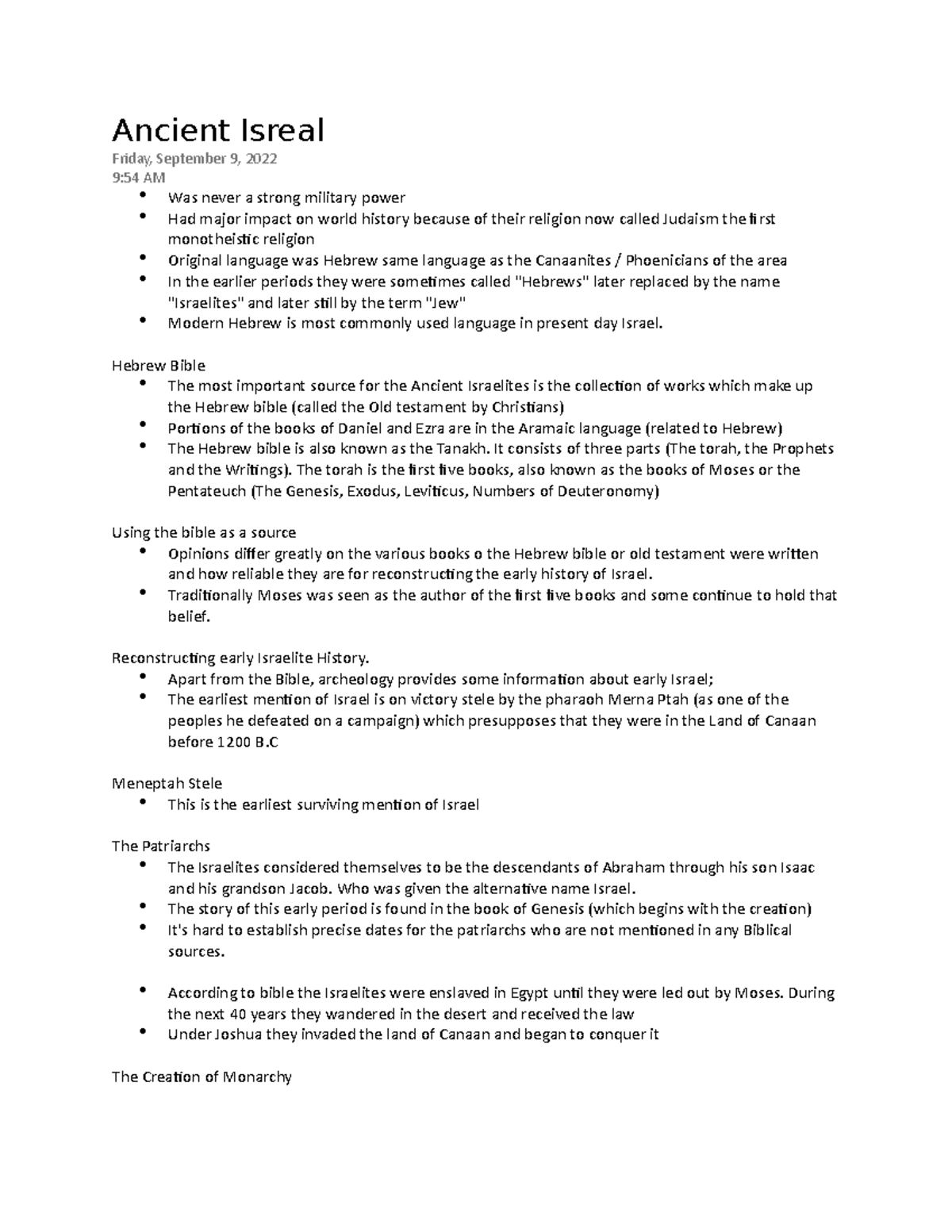 Ancient Isreal - Notes for History 1030 - Ancient Isreal Friday ...