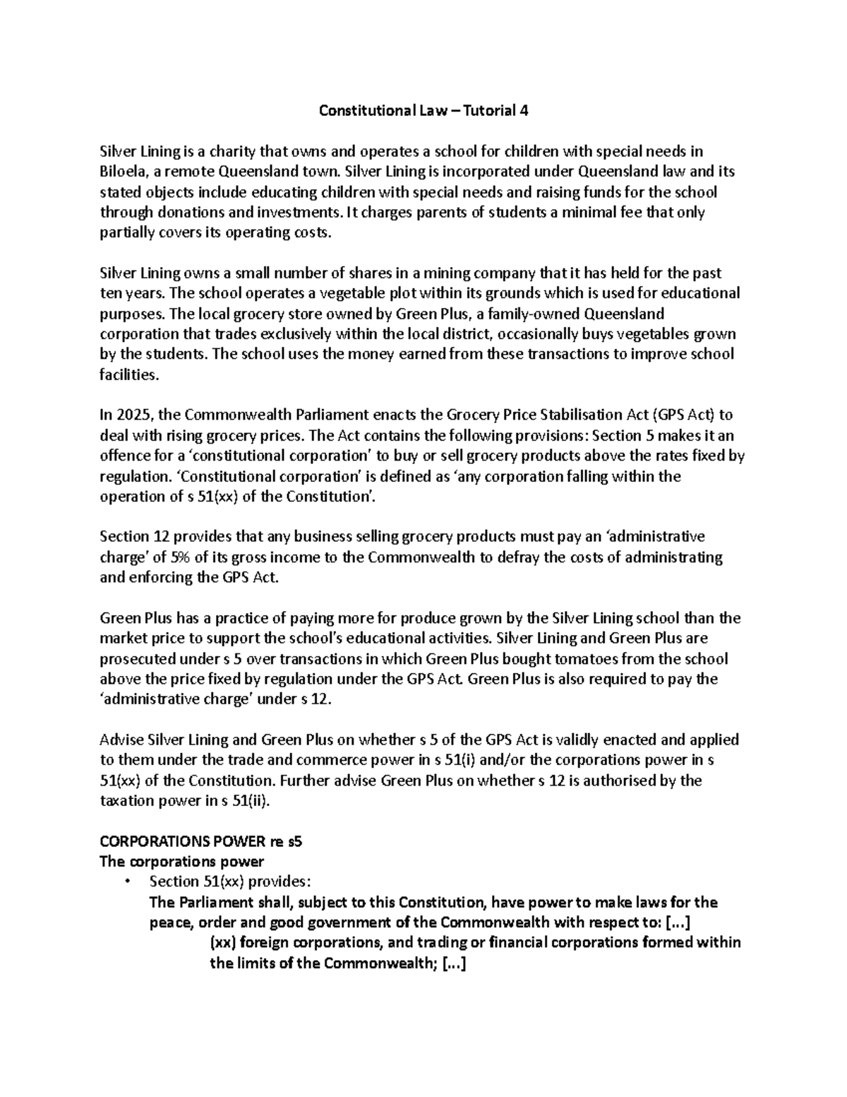 Consti Law Tutorial 4 Cons琀椀tu琀椀onal Law Tutorial 4 Silver Lining Is A Charity That Owns 