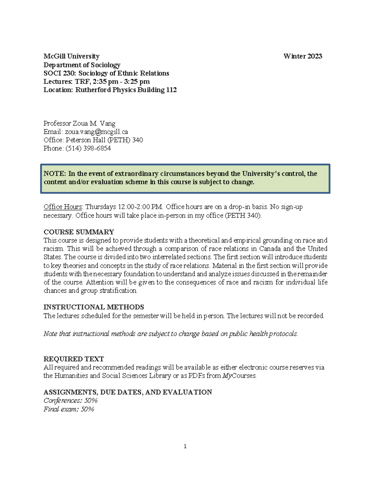 SOC230Syllabus - Syllabus - McGill University Winter 2023 Department of Sociology SOCI 230 ...