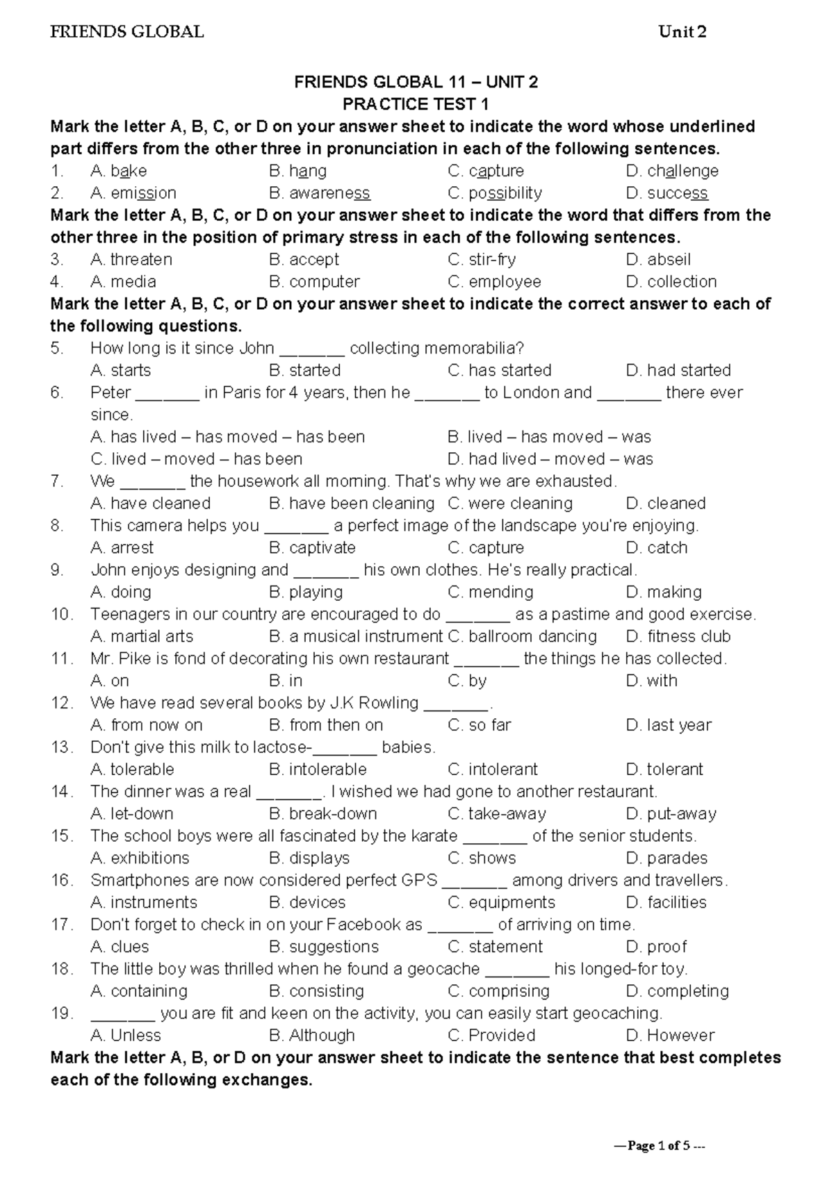 Tieng Anh 11 Friends Global - Unit 2 - Test 1 - FRIENDS GLOBAL 11 ...