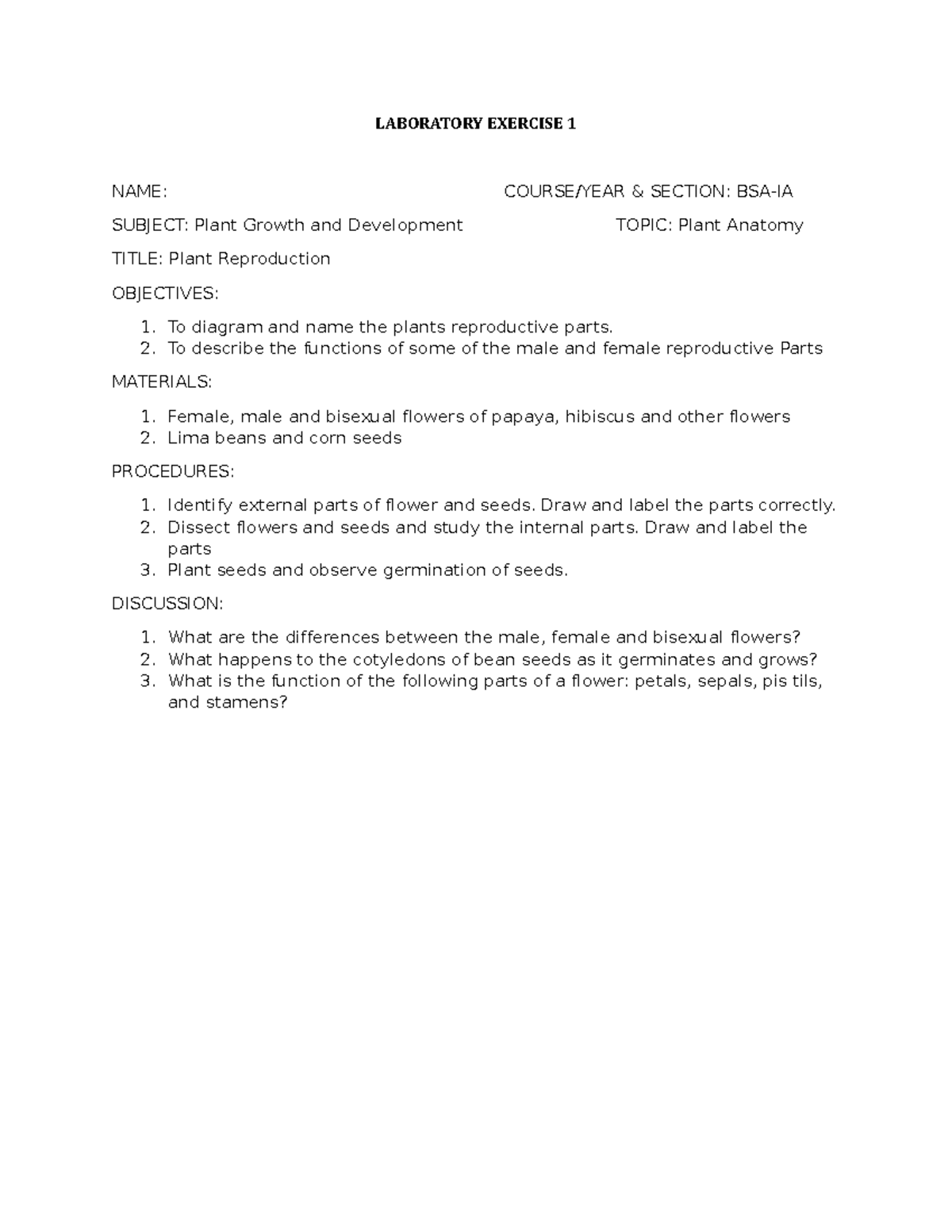 Laboratory Exercise 1 Plant Reproduction - LABORATORY EXERCISE 1 NAME ...