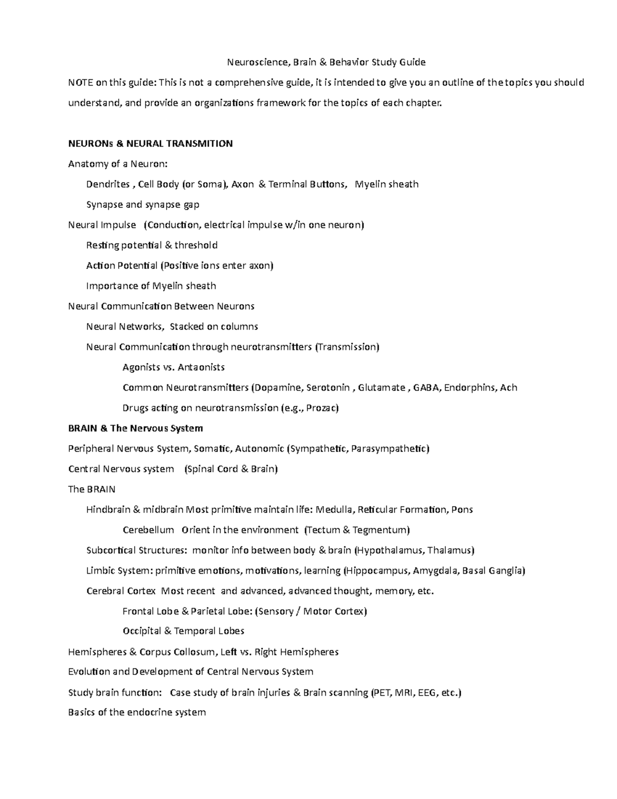 2 Bio Psych - Neuroscience, Brain & Behavior Study Guide NOTE on this ...
