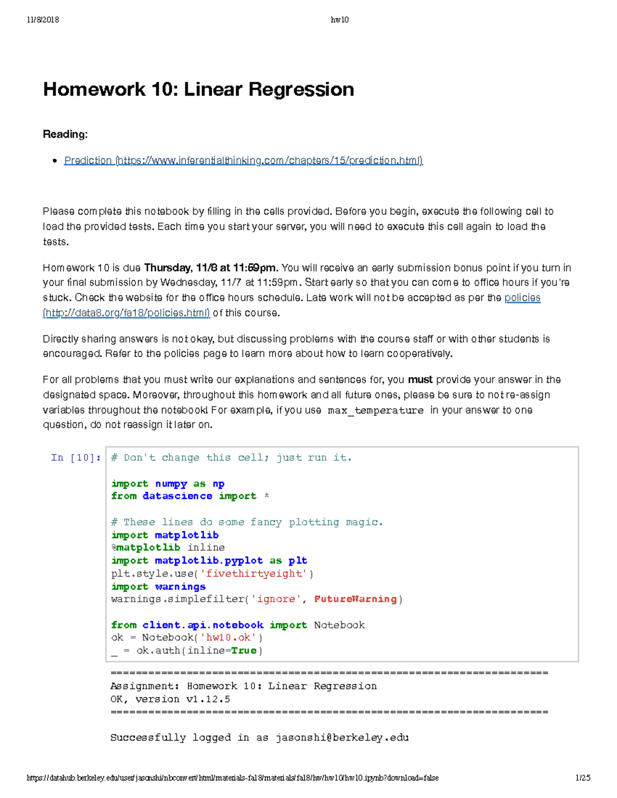Pdf-19 - HW 19 SOL - Homework 10: Linear Regression Reading : Prediction - Studocu