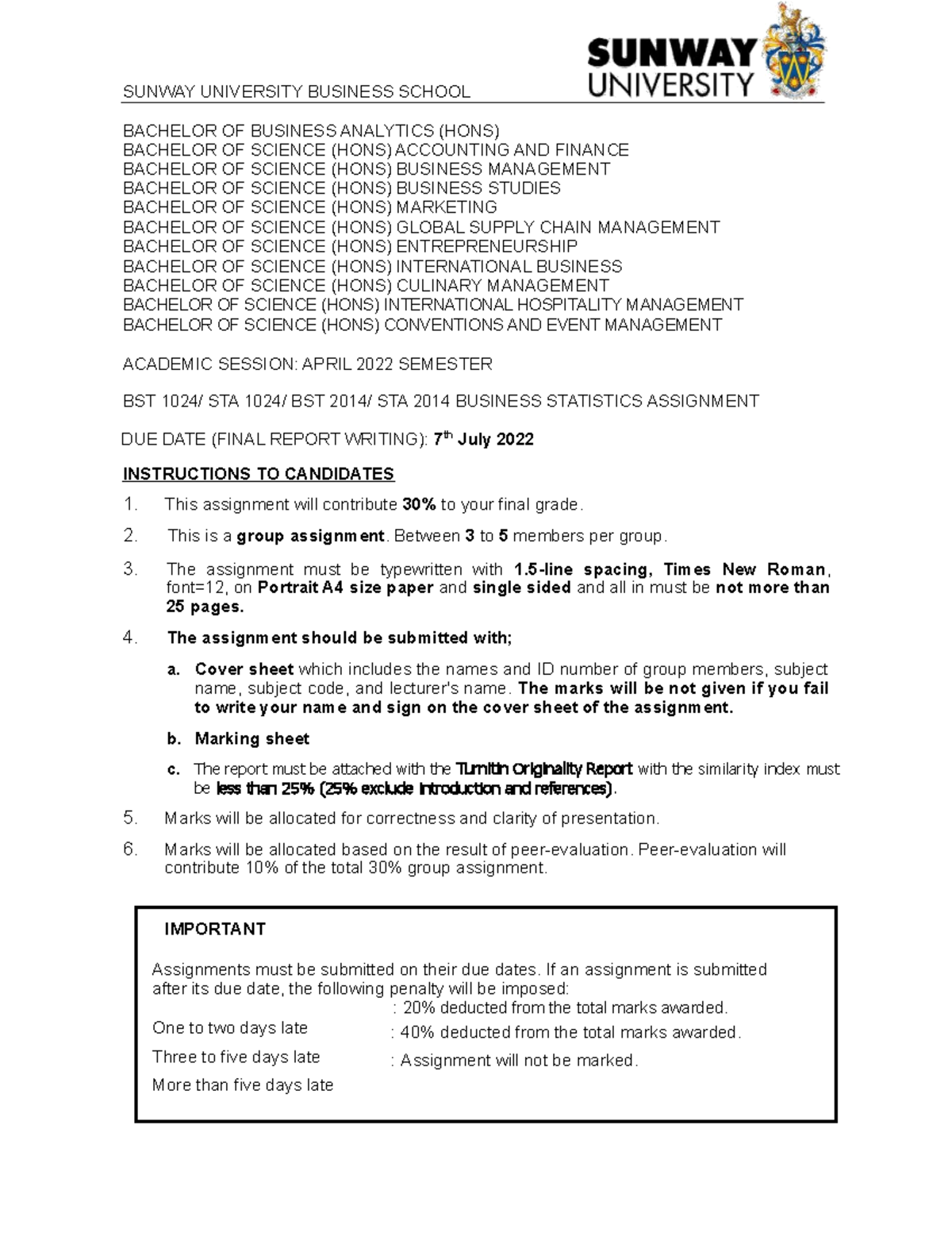 Bbs report - read - SUNWAY UNIVERSITY BUSINESS SCHOOL BACHELOR OF ...