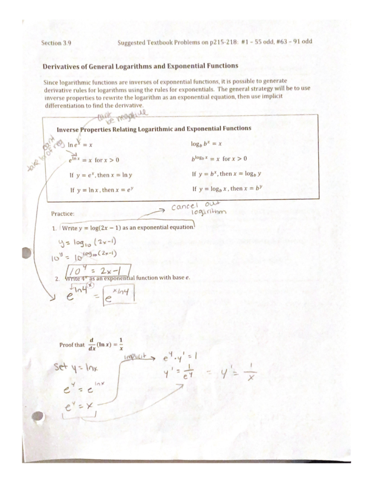 Sectiom 3.9 Derivatives For Logs And Exponentials - Section 3 Suggested Textbook Problems on 55 ...