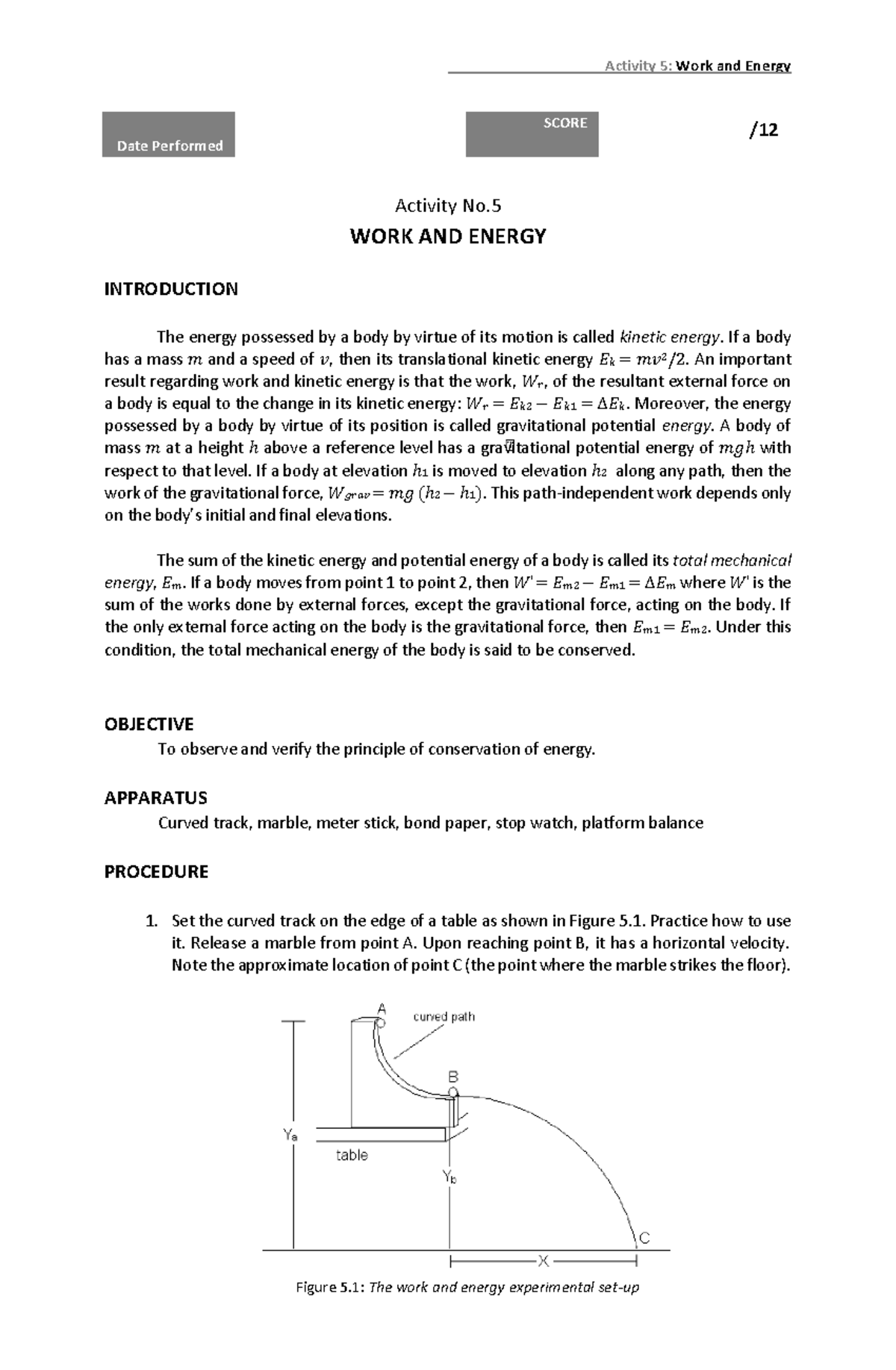 Work and Energy Activity - Activity 5: Work and Energy / Activity No ...