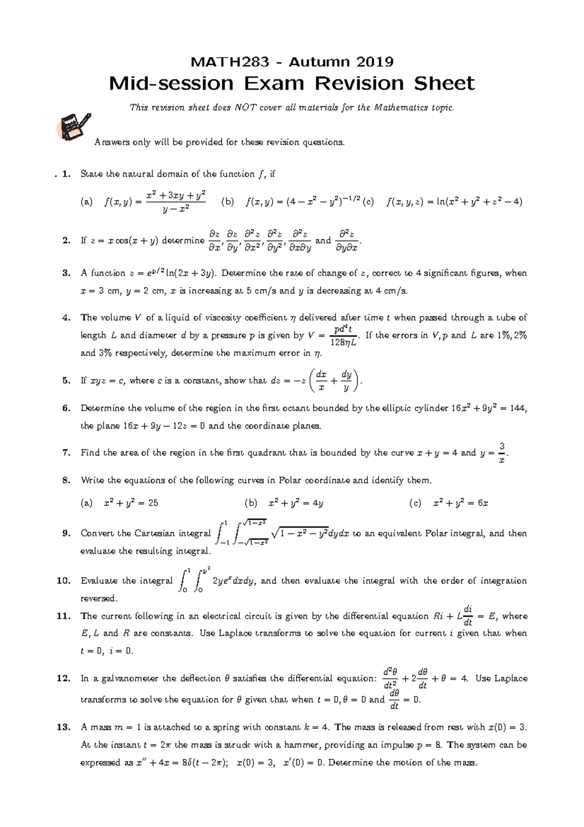 MSE Revision Worksheet - MATH283 - Autumn 2019 Mid-session Exam ...