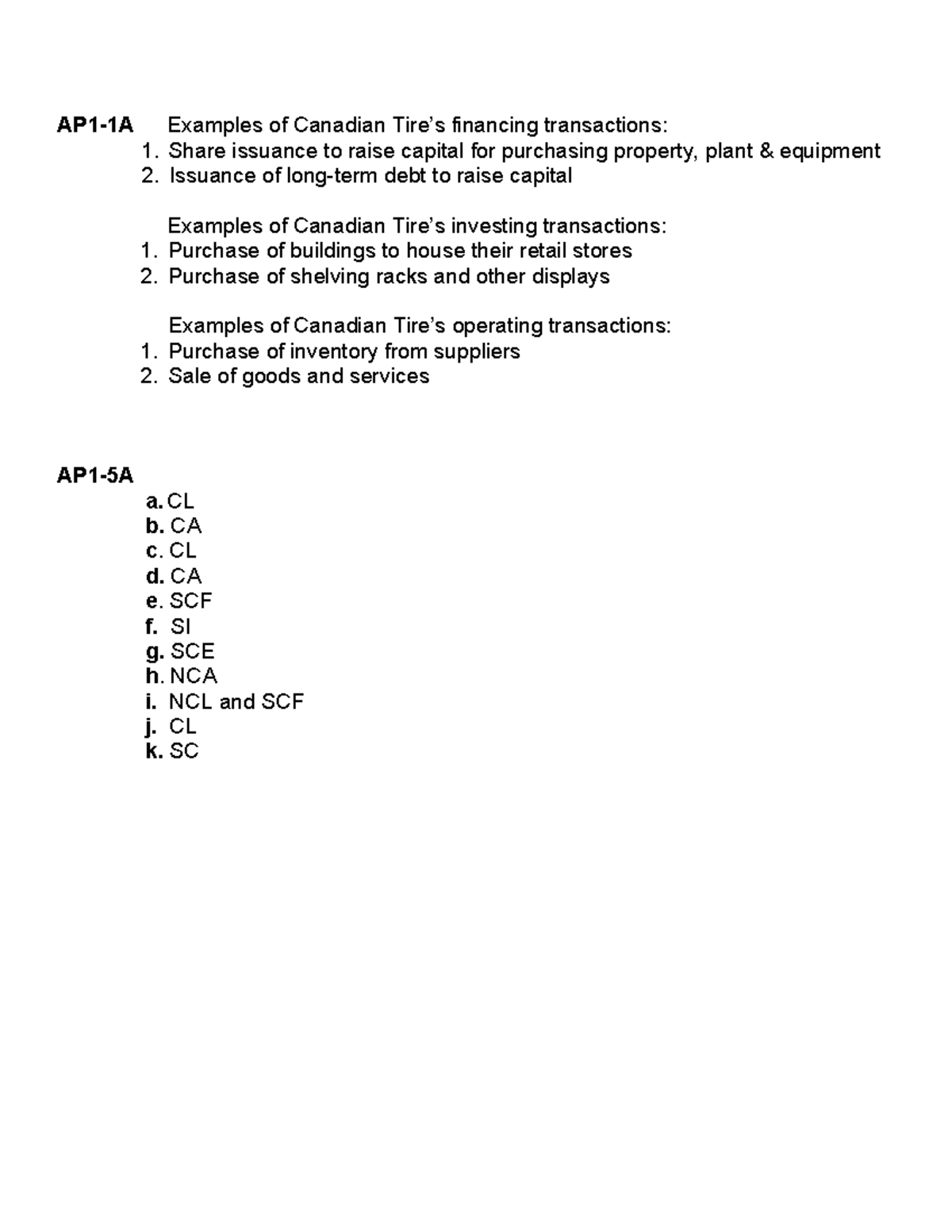 Chapter 1 Solutions - AP1-1A Examples of Canadian Tire’s financing ...