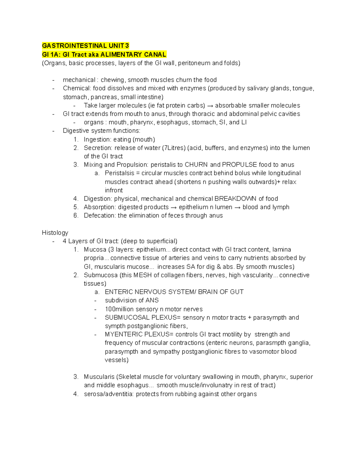 Unit 3- GastroIntestinal - GASTROINTESTINAL UNIT 3 GI 1A: GI Tract aka ...