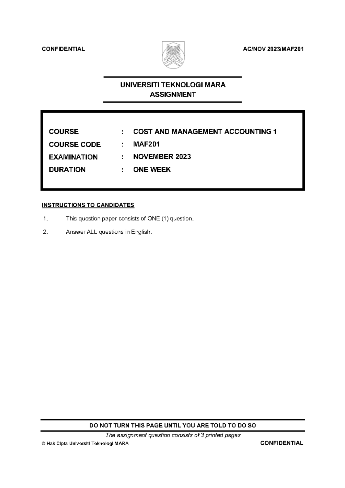 Assignment 1 - © Hak Cipta Universiti Teknologi MARA CONFIDENTIAL CONFIDENTIAL 1 AC/NOV 2023 ...