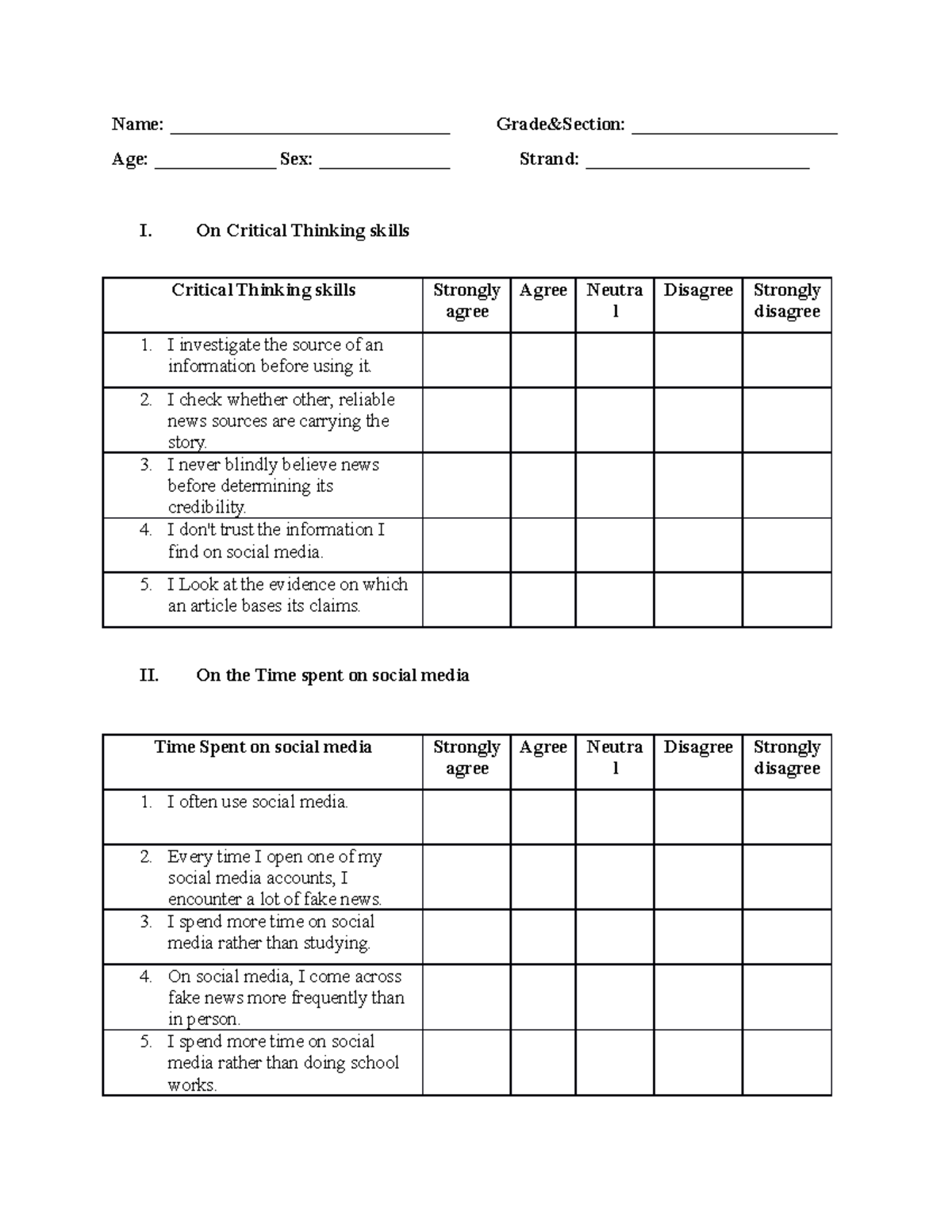 Research Questionnaire - Name: ______________________________ Grade ...