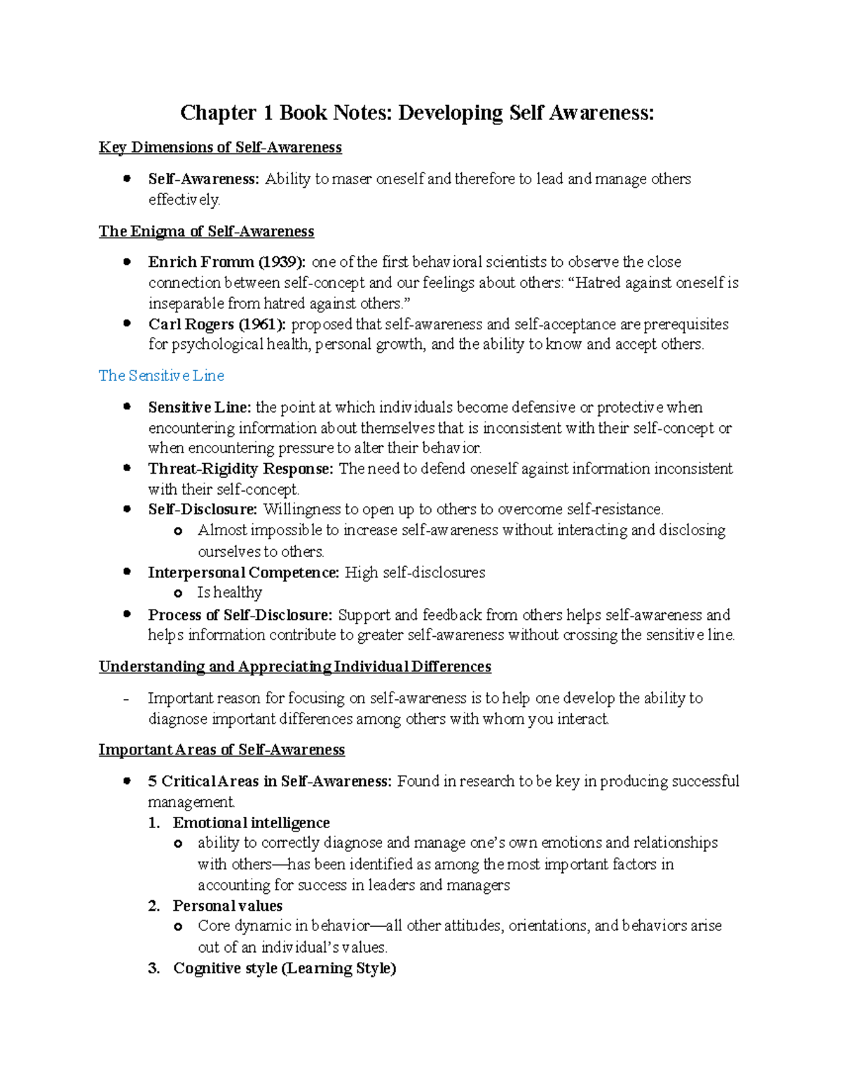 Chapter 1 Notes - Chapter 1 Book Notes: Developing Self Awareness: Key ...