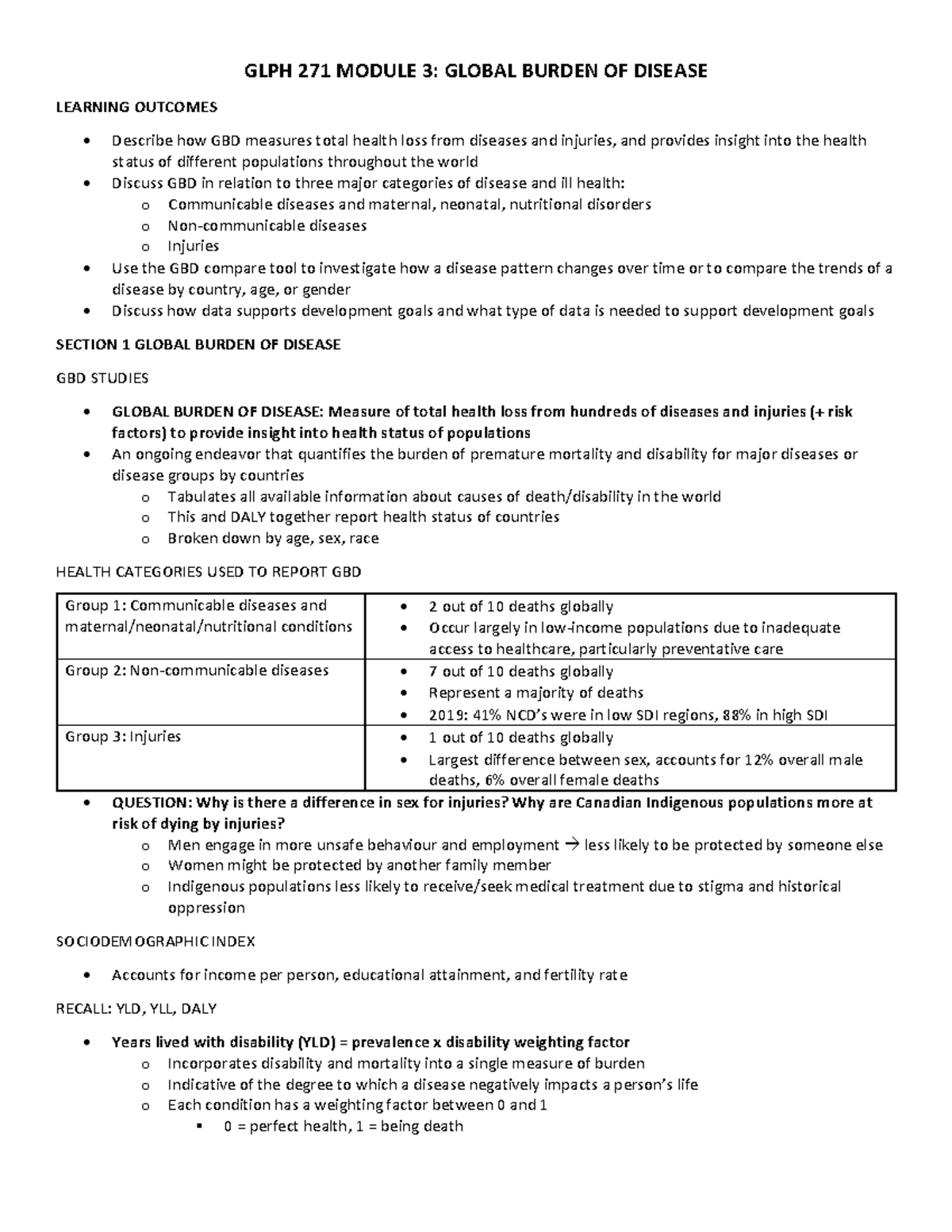 Module 3 - GLPH 271 MODULE 3: GLOBAL BURDEN OF DISEASE LEARNING ...