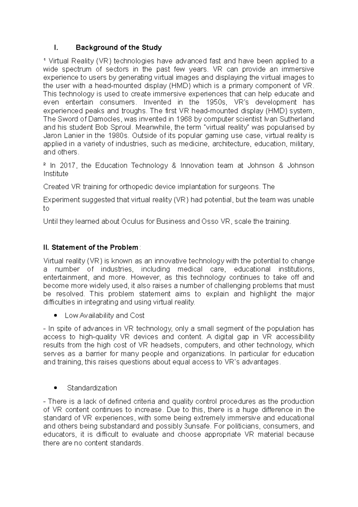 Case Study - I. Background of the Study ¹ Virtual Reality (VR ...