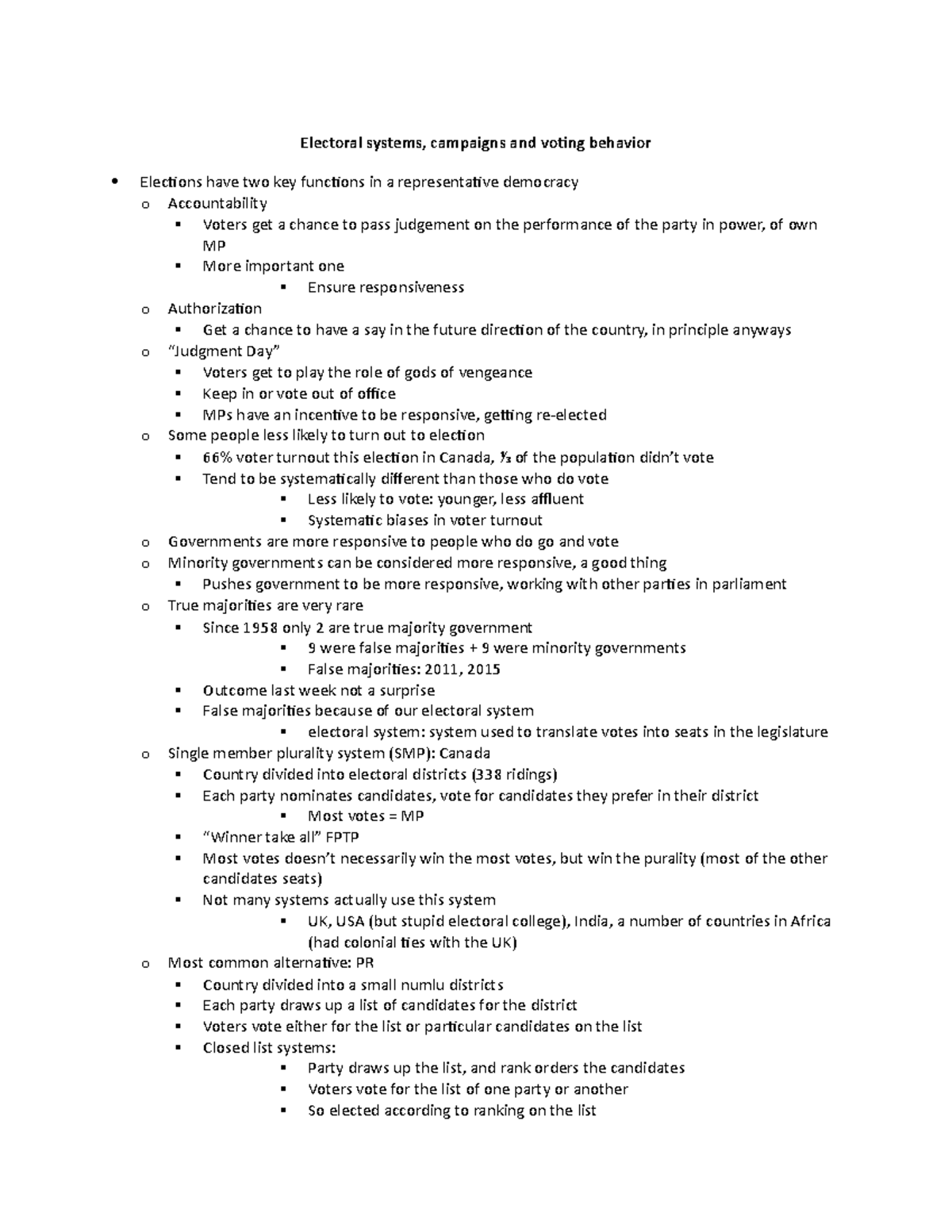 Poli 200 Notes - Electoral systems, campaigns and voting behavior ...