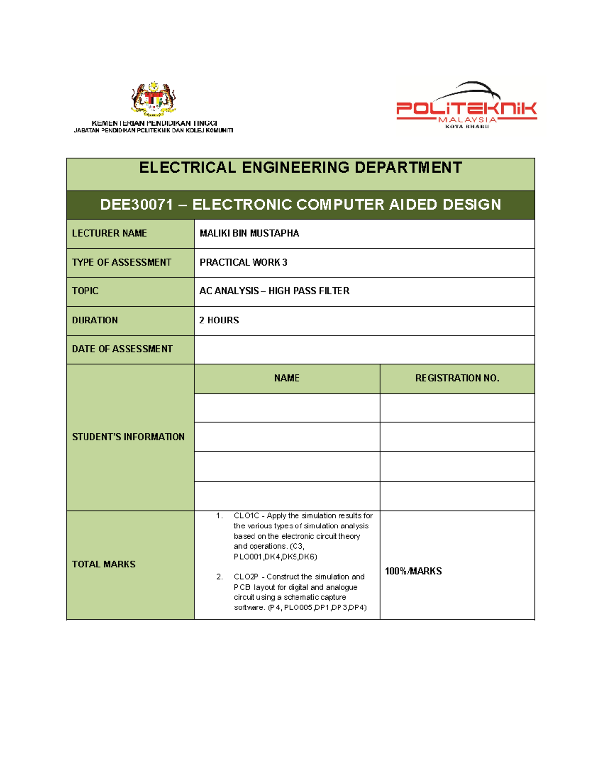 PW3 - AC Analysis - HIGH PASS Filter - ELECTRICAL ENGINEERING ...