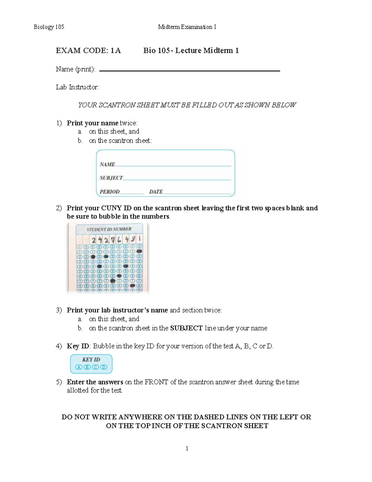 Test 1 with answers - Test 1 practice exam - EXAM CODE: 1A Bio 105 ...
