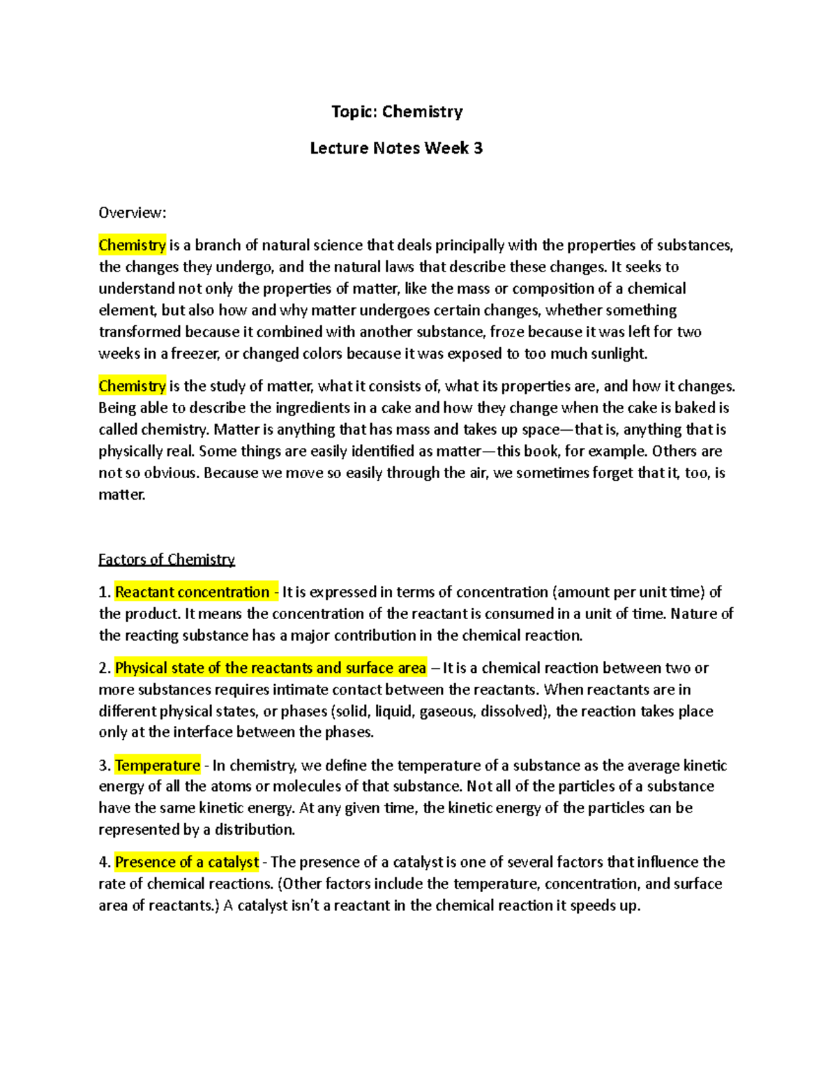 Chemistry - Topic: Chemistry Lecture Notes Week 3 Overview: Chemistry ...